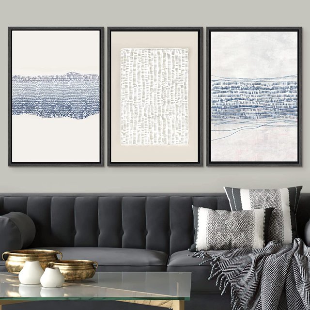 IDEA4WALL Framed Canvas Print Wall Art Set of 3 Blue White Grunge ...