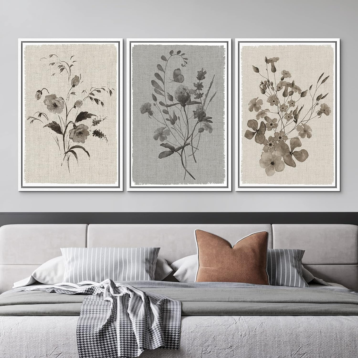 IDEA4WALL Framed Canvas Print Wall Art Set of 3 Floral Botanical Retro ...