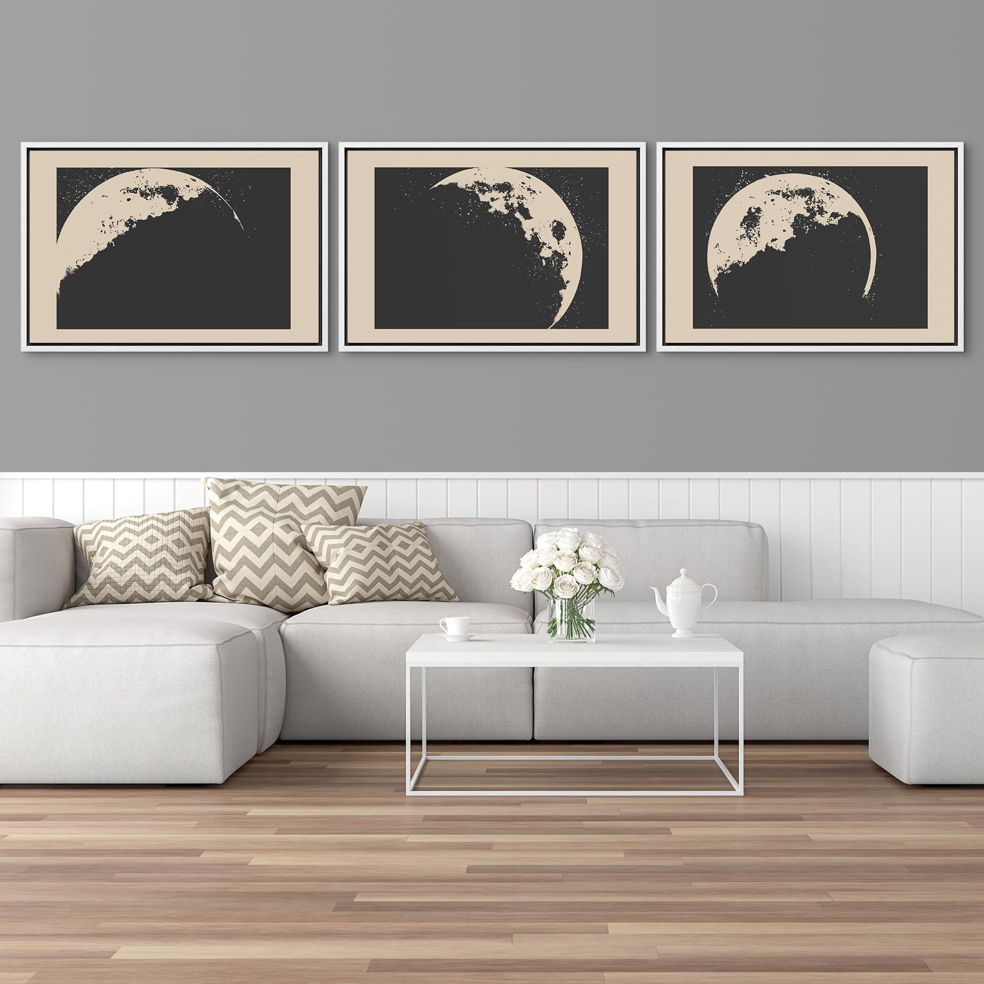 IDEA4WALL Framed Canvas Print Wall Art Set of 3 Monochromatic Noun Mare ...