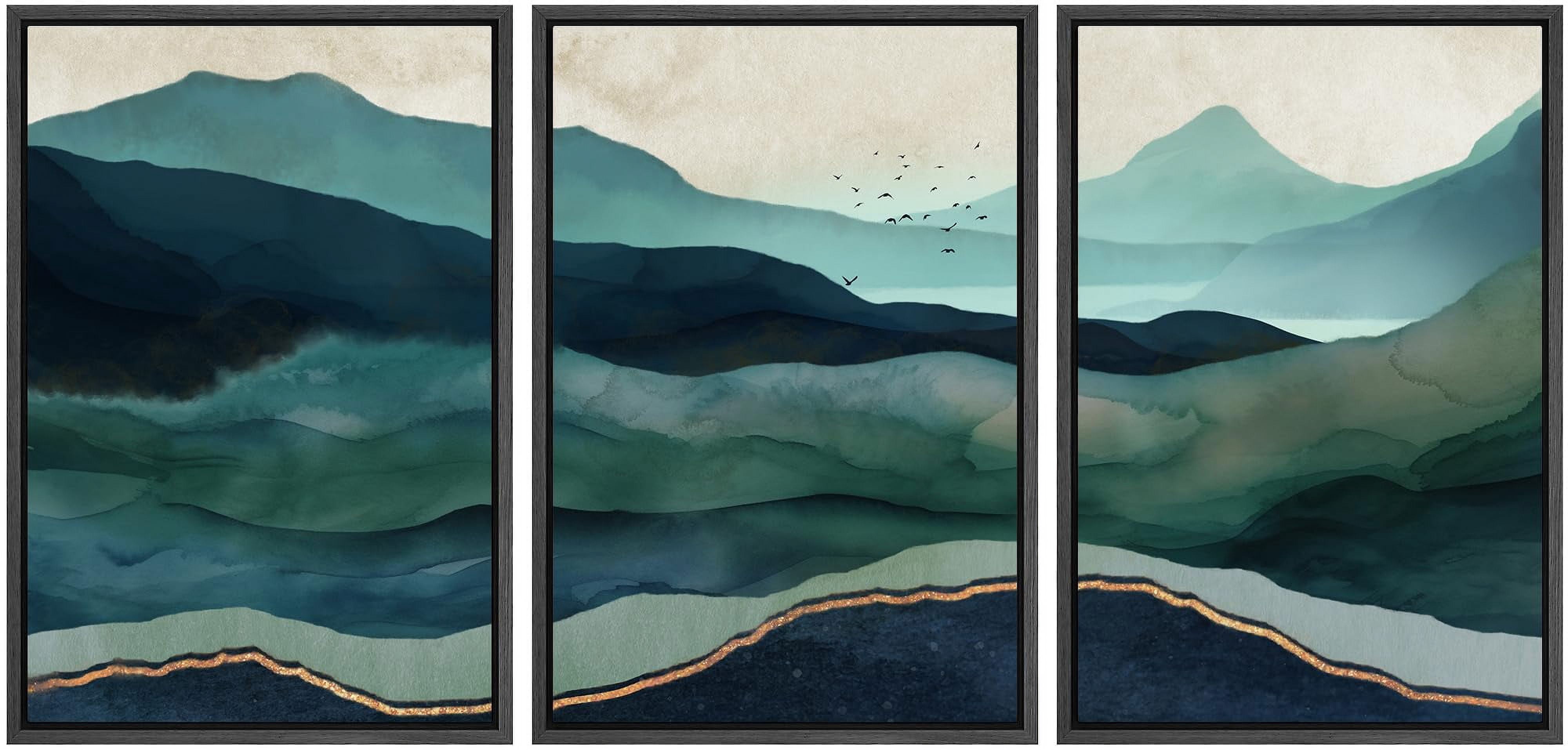 IDEA4WALL Framed Canvas Print Wall Art Set of 3 Mystic Mountains Ombre ...