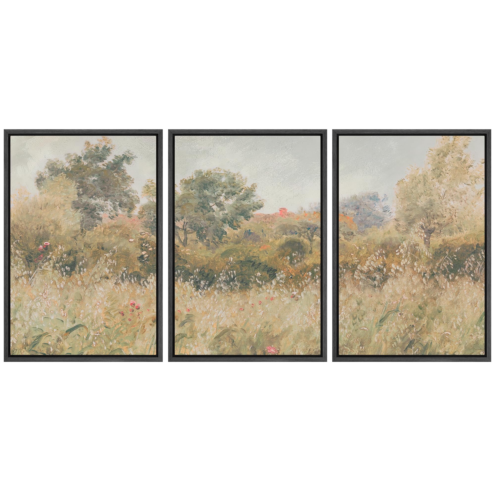 IDEA4WALL Framed Canvas Print Wall Art Set of 3 Pastoral Meadow and Tree Landscape Digital Art ...