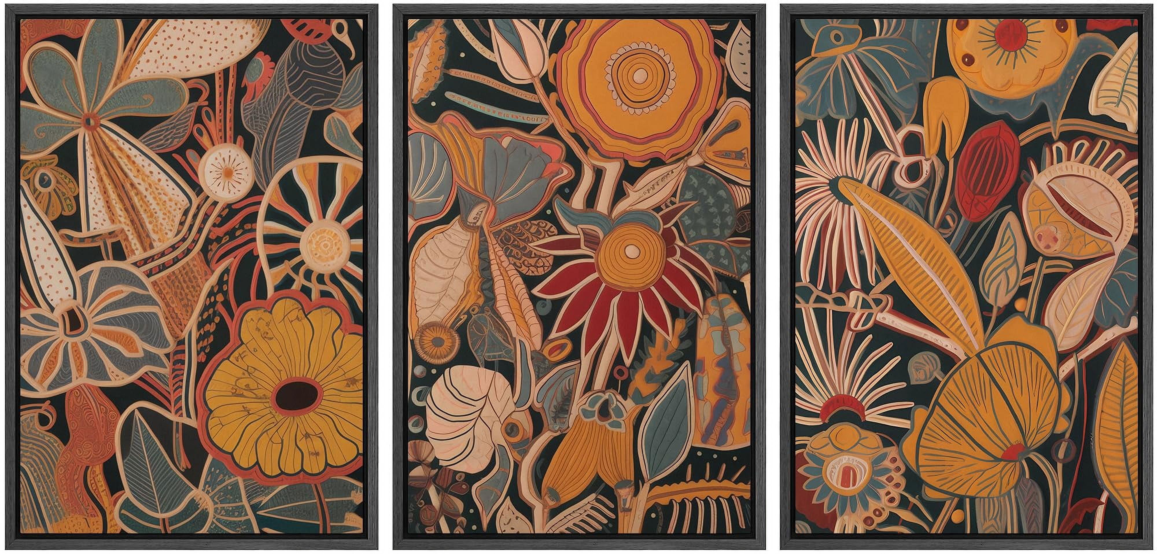 IDEA4WALL Framed Canvas Print Wall Art Set of 3 Retro Flowers Nature ...