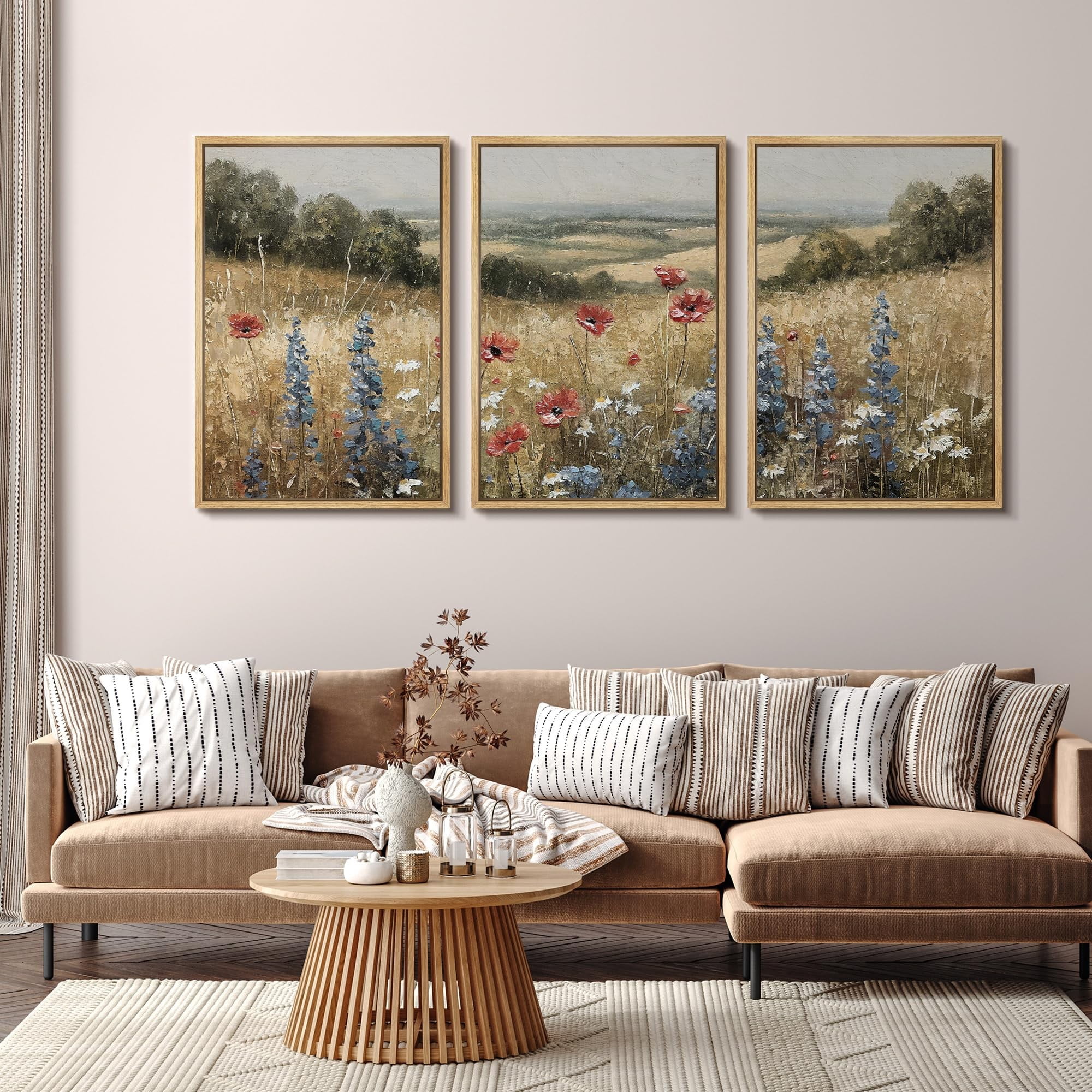 IDEA4WALL Framed Canvas Print Wall Art Set of 3 Rural Splendor Delicate Wildflowers in Meadow ...