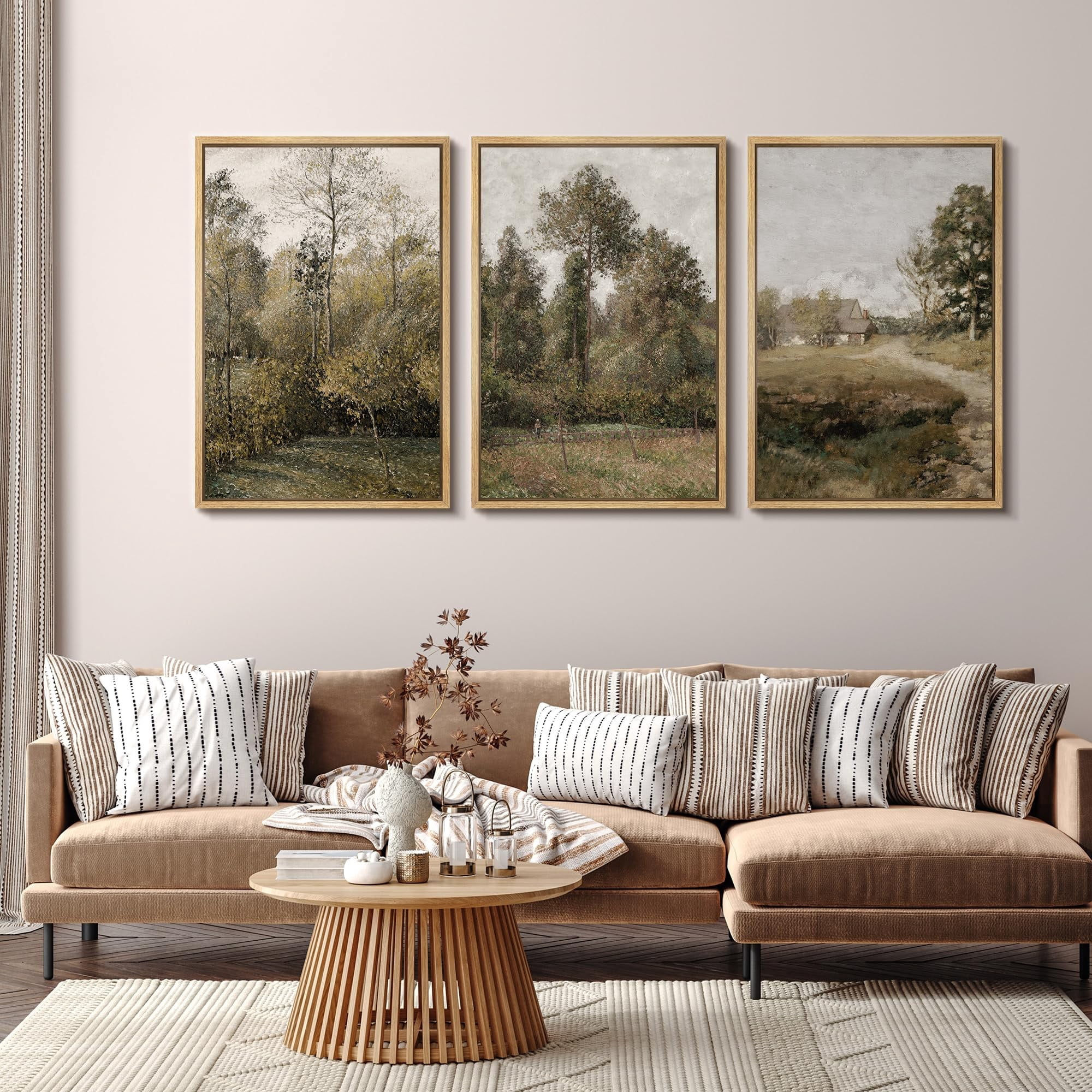 IDEA4WALL Framed Canvas Print Wall Art Set of 3 Verdant Grove Sketch of ...