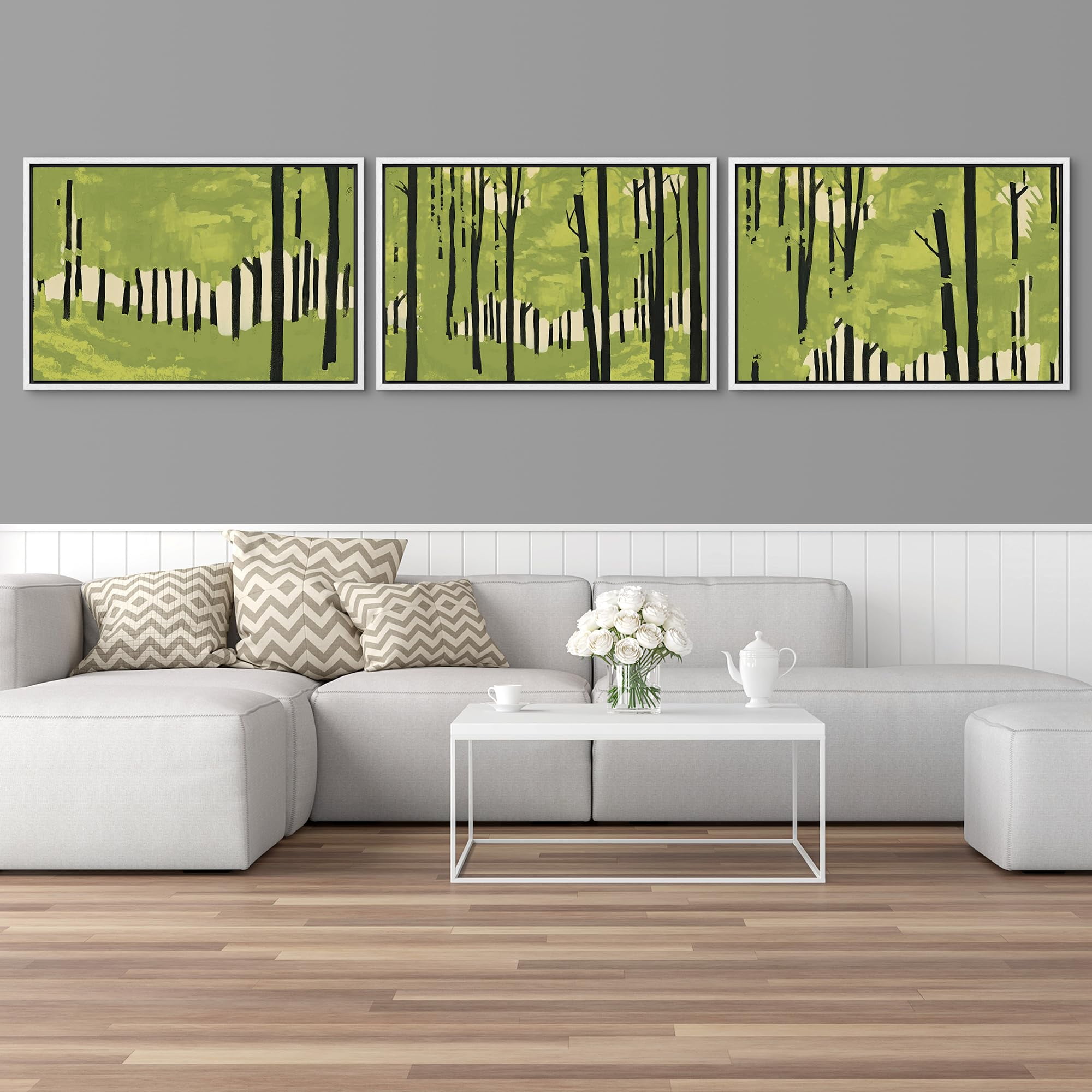 IDEA4WALL Framed Canvas Print Wall Art Set of 3 Vibrant Green Birch ...
