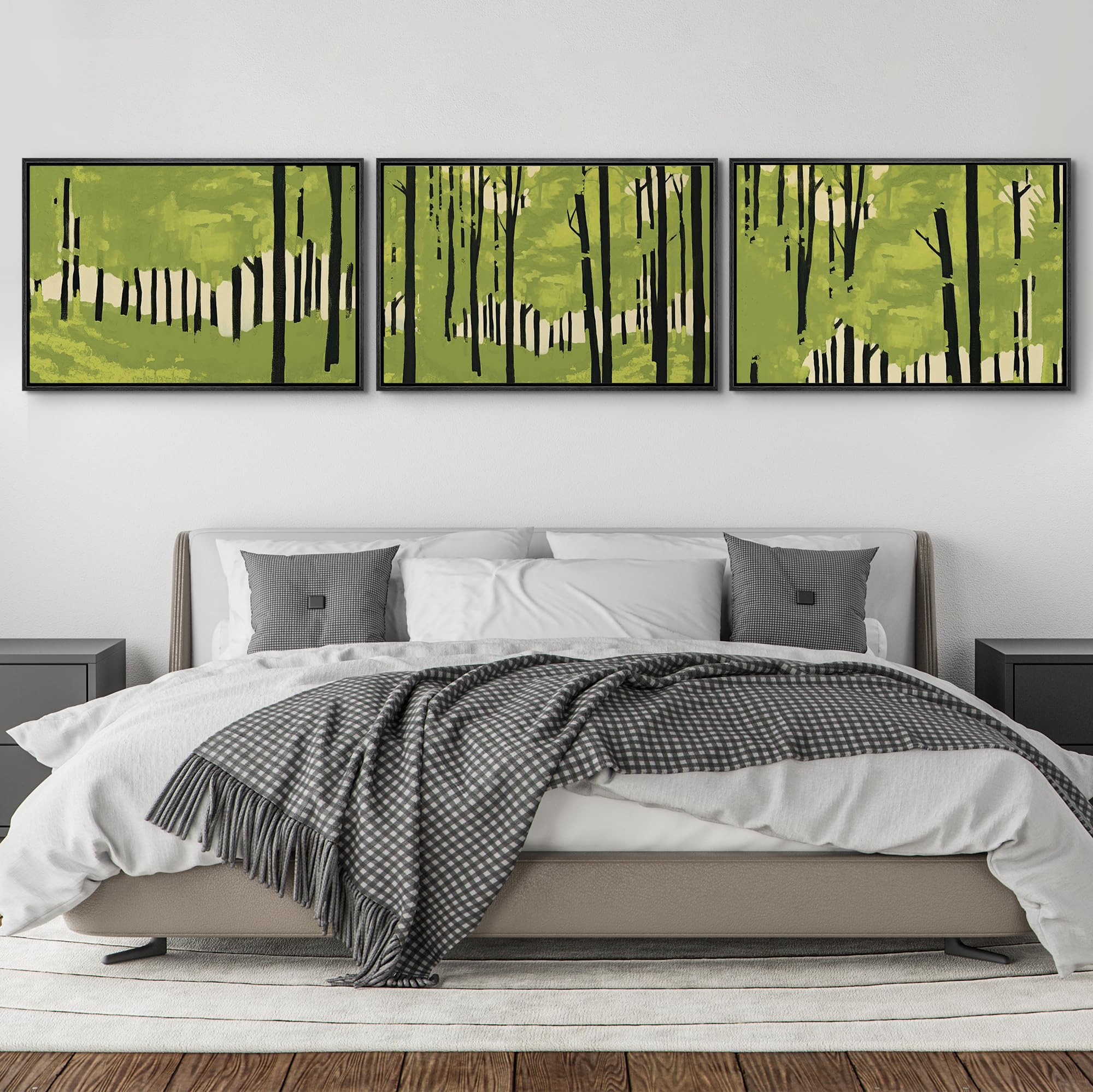IDEA4WALL Framed Canvas Print Wall Art Set of 3 Vibrant Green Birch Forest Posters Botanical ...