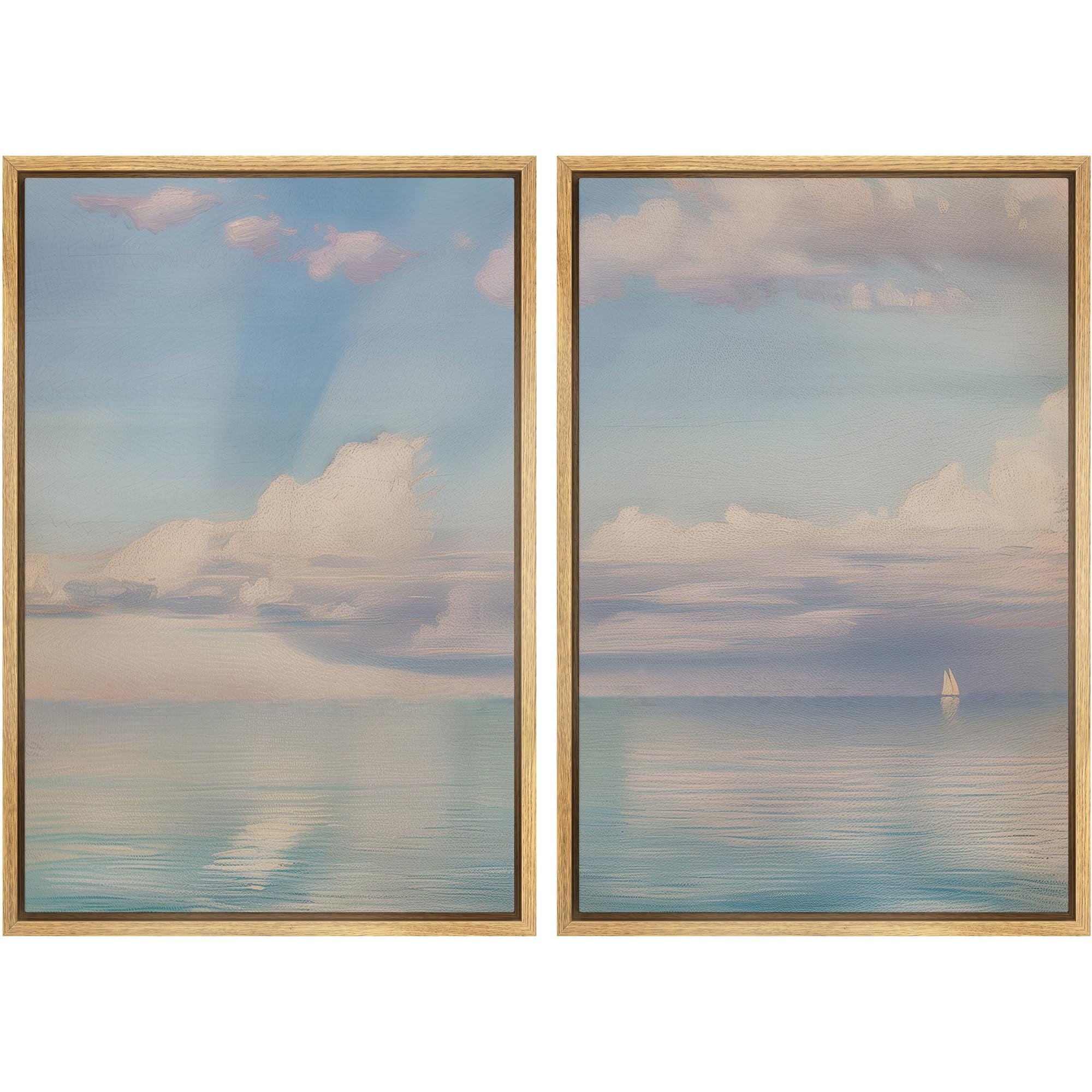 IDEA4WALL Framed Canvas Print Wall Art Set Abstract Coastal Digital Art Neutral Seaside ...