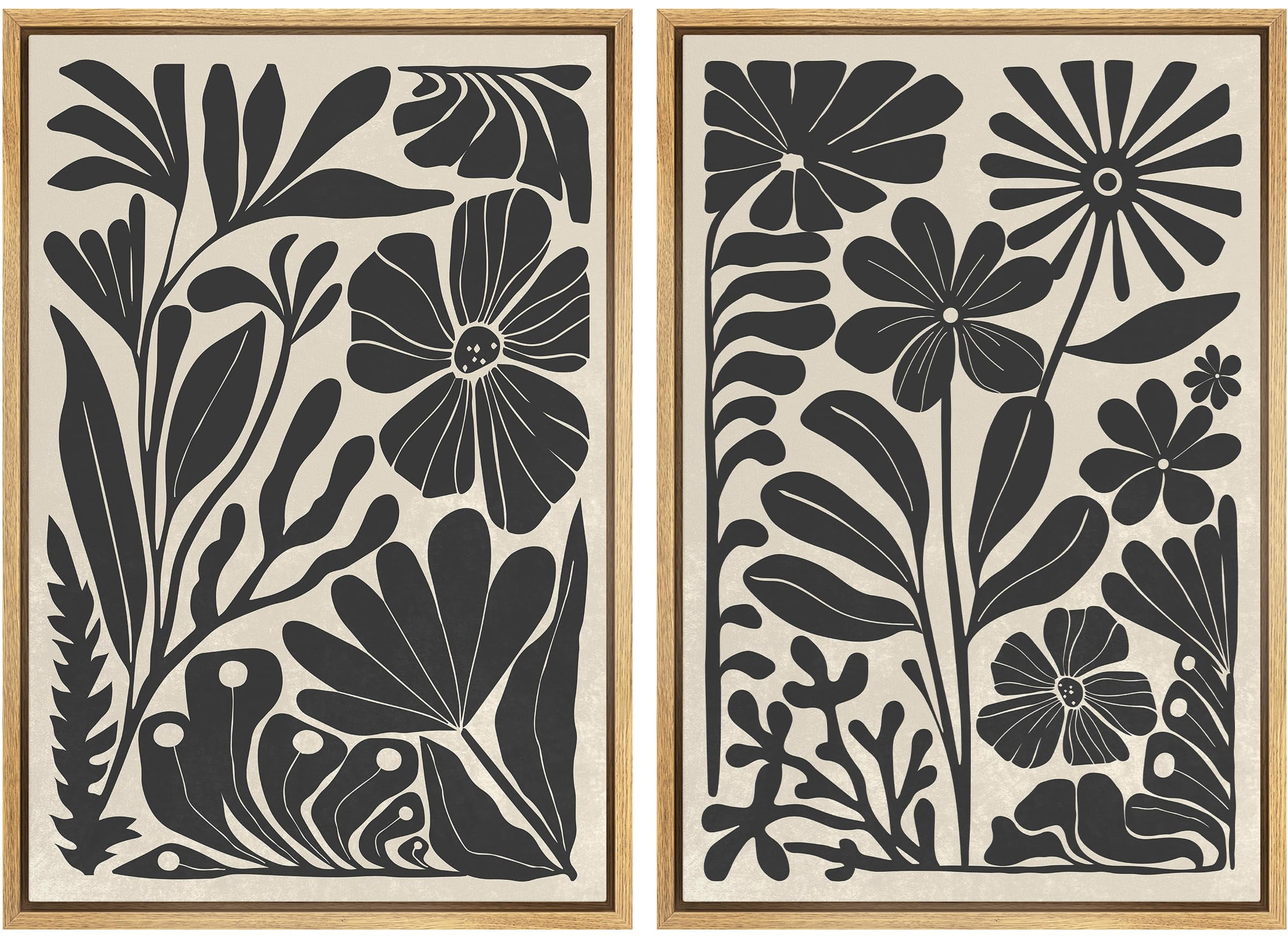 IDEA4WALL Framed Canvas Print Wall Art Set Abstract Floral Botanical Black & White Modern Art ...