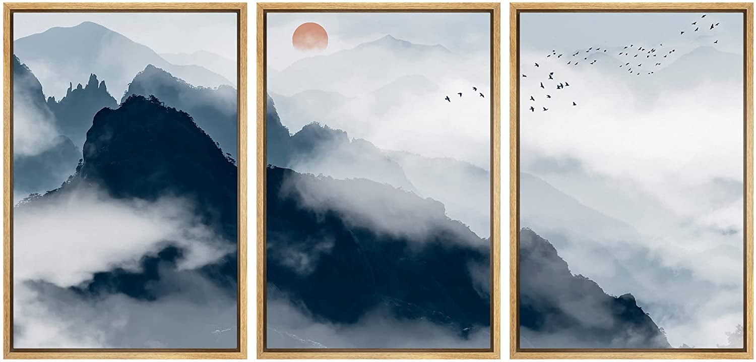 IDEA4WALL Framed Canvas Print Wall Art Set Aerial View Pastel Mountain ...