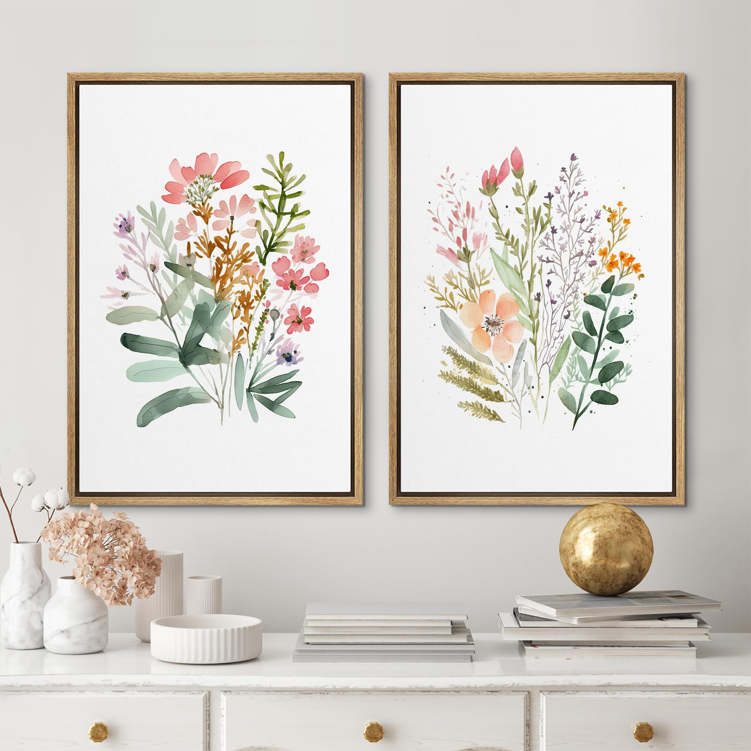 IDEA4WALL Framed Canvas Print Wall Art Set Watercolor Wildflower ...