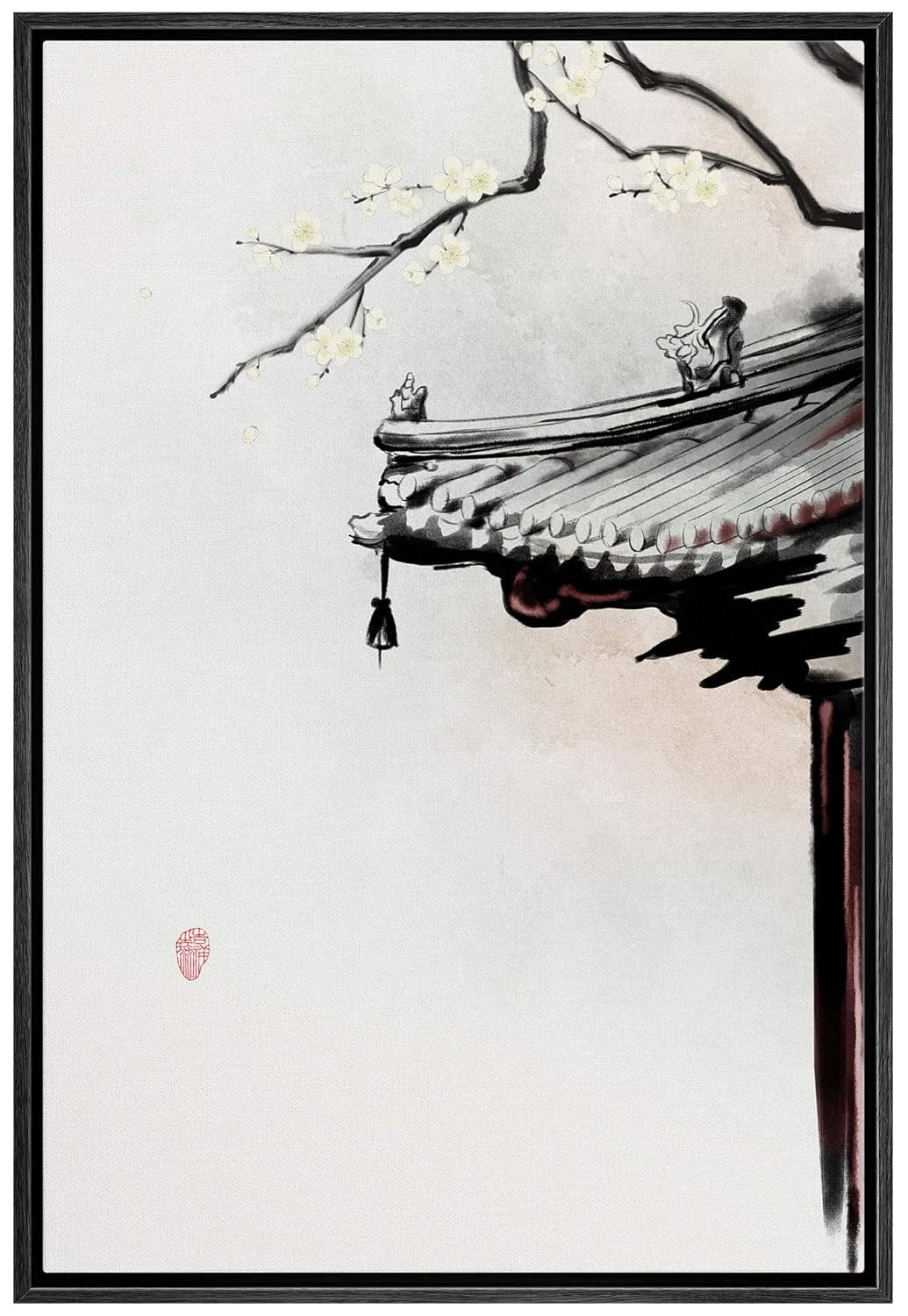 IDEA4WALL Framed Canvas Wall Art Antique Style Pagoda Roof with White Blossoms Illustrations ...