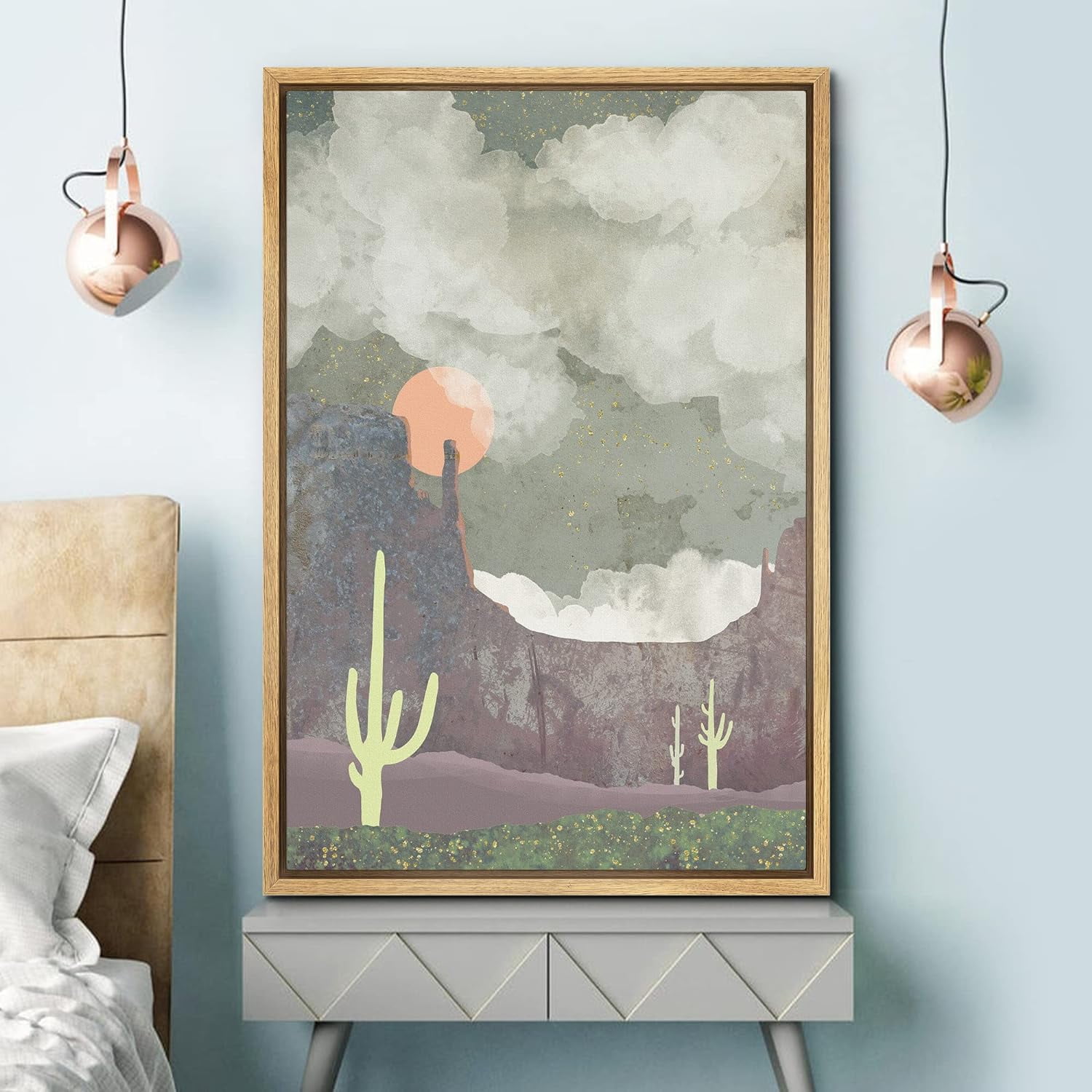 IDEA4WALL Framed Canvas Wall Art Cloudy Desert Landscape with Green Cacti Abstract Wilderness ...