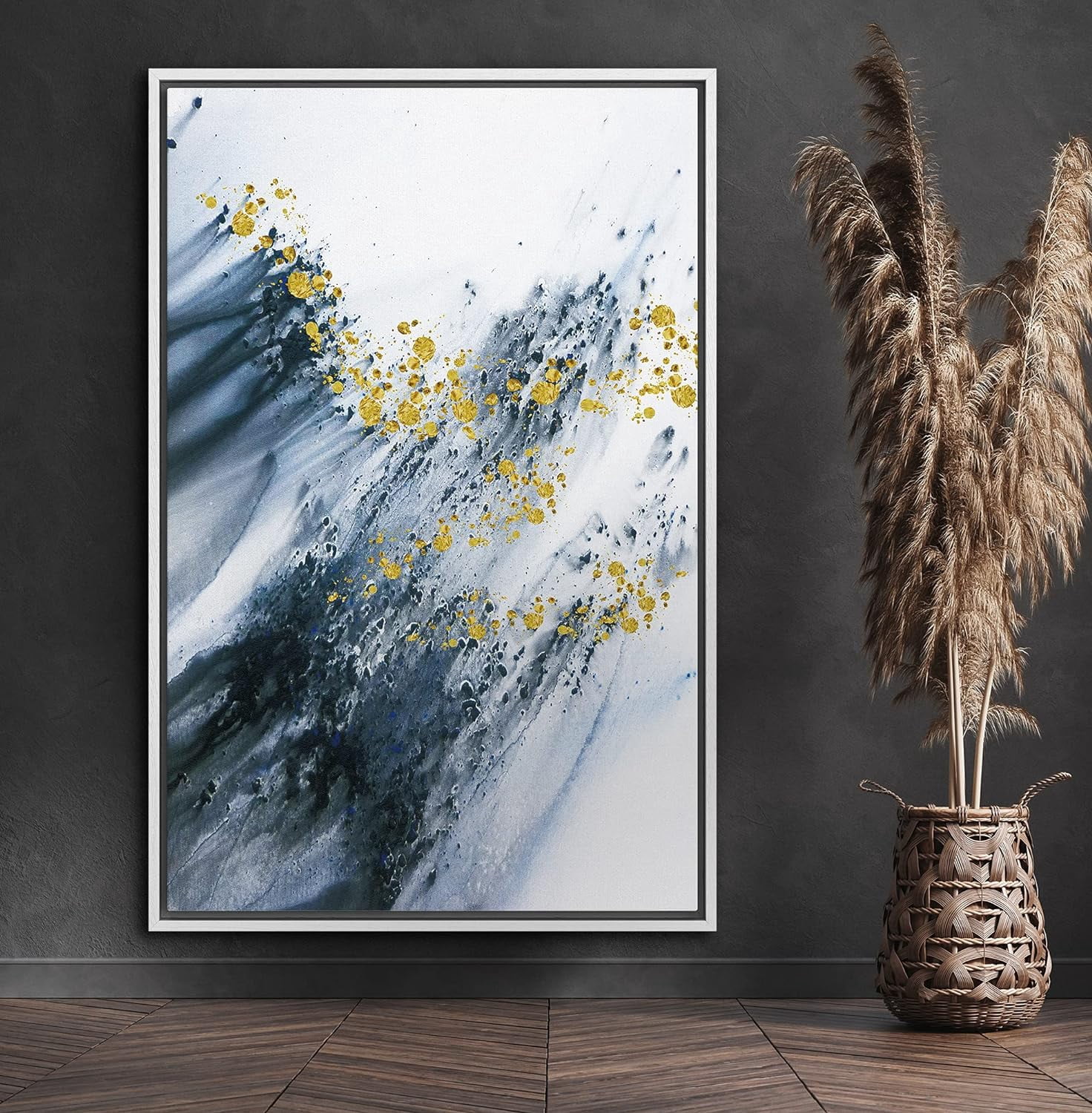 IDEA4WALL Framed Canvas Wall Art Flowing Blue Paint Strokes & Gold Dots ...