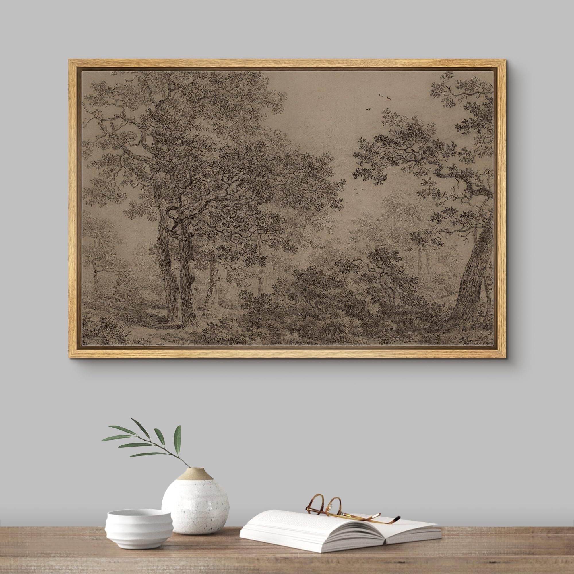 IDEA4WALL Framed Canvas Wall Art, Retro Oak Tree Drawing, Black and ...