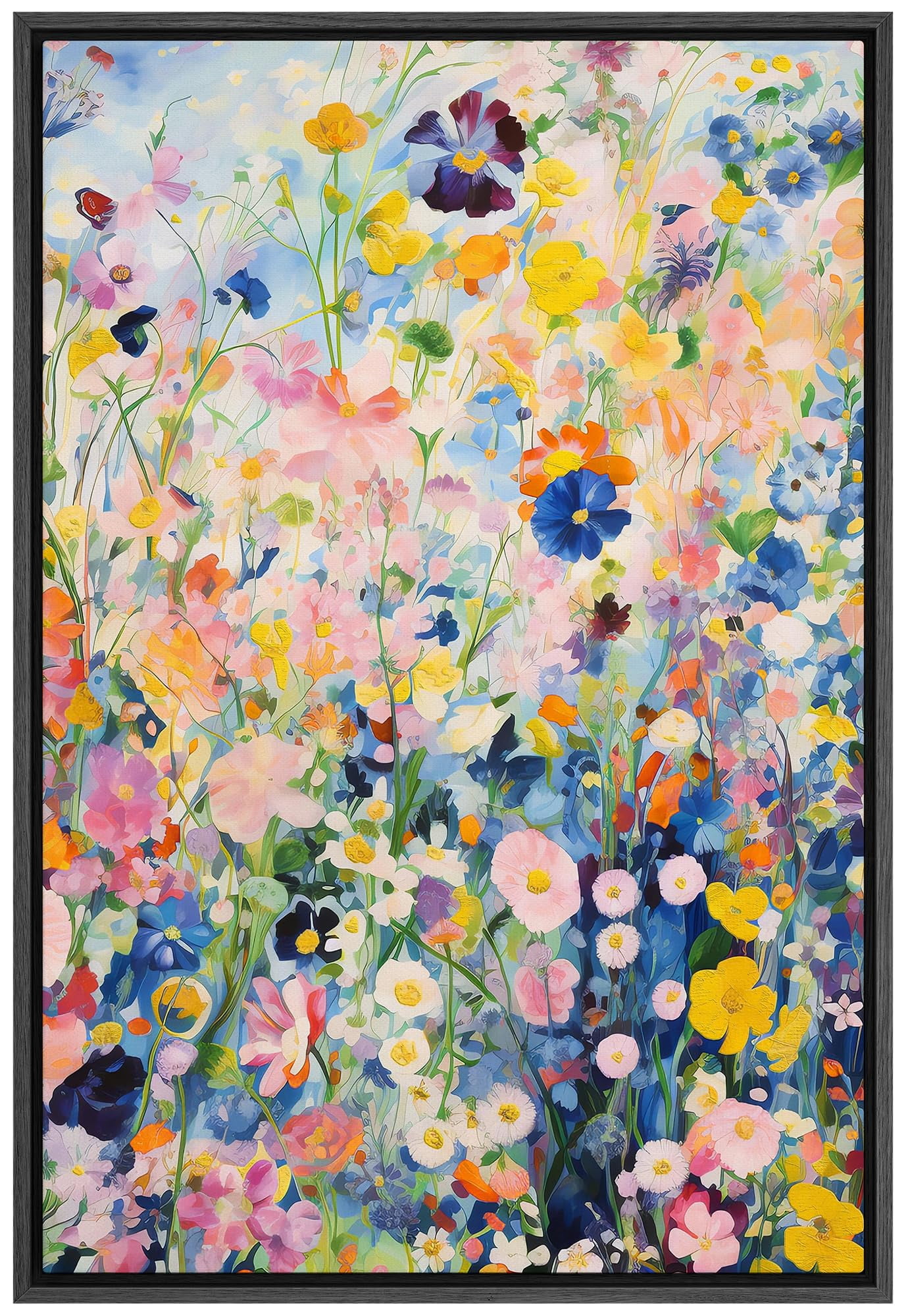 IDEA4WALL Framed Canvas Wall Art Vibrant Wildflower Meadow Illustrations Modern Art Colorful ...