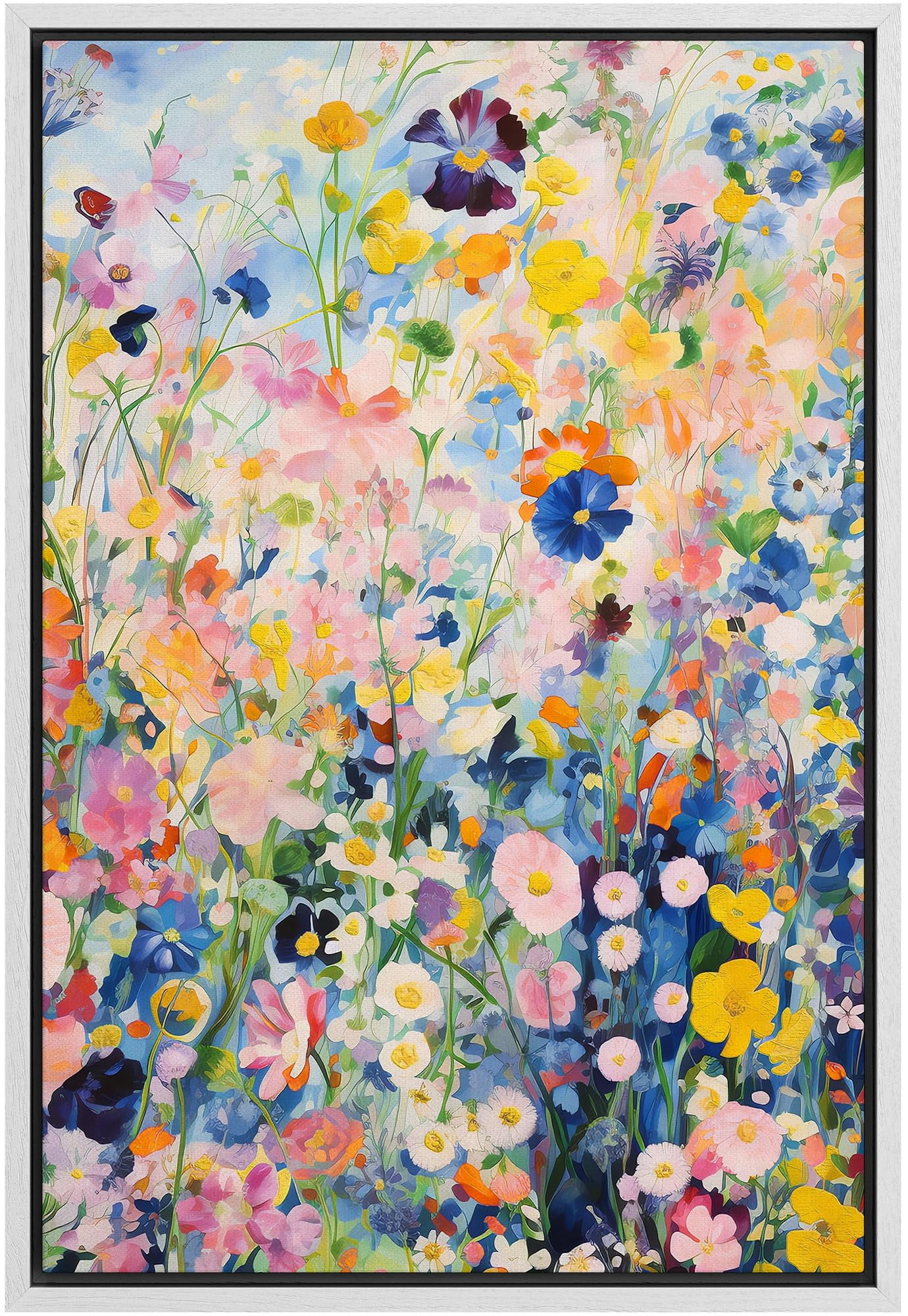 IDEA4WALL Framed Canvas Wall Art Vibrant Wildflower Meadow Illustrations Modern Art Colorful ...