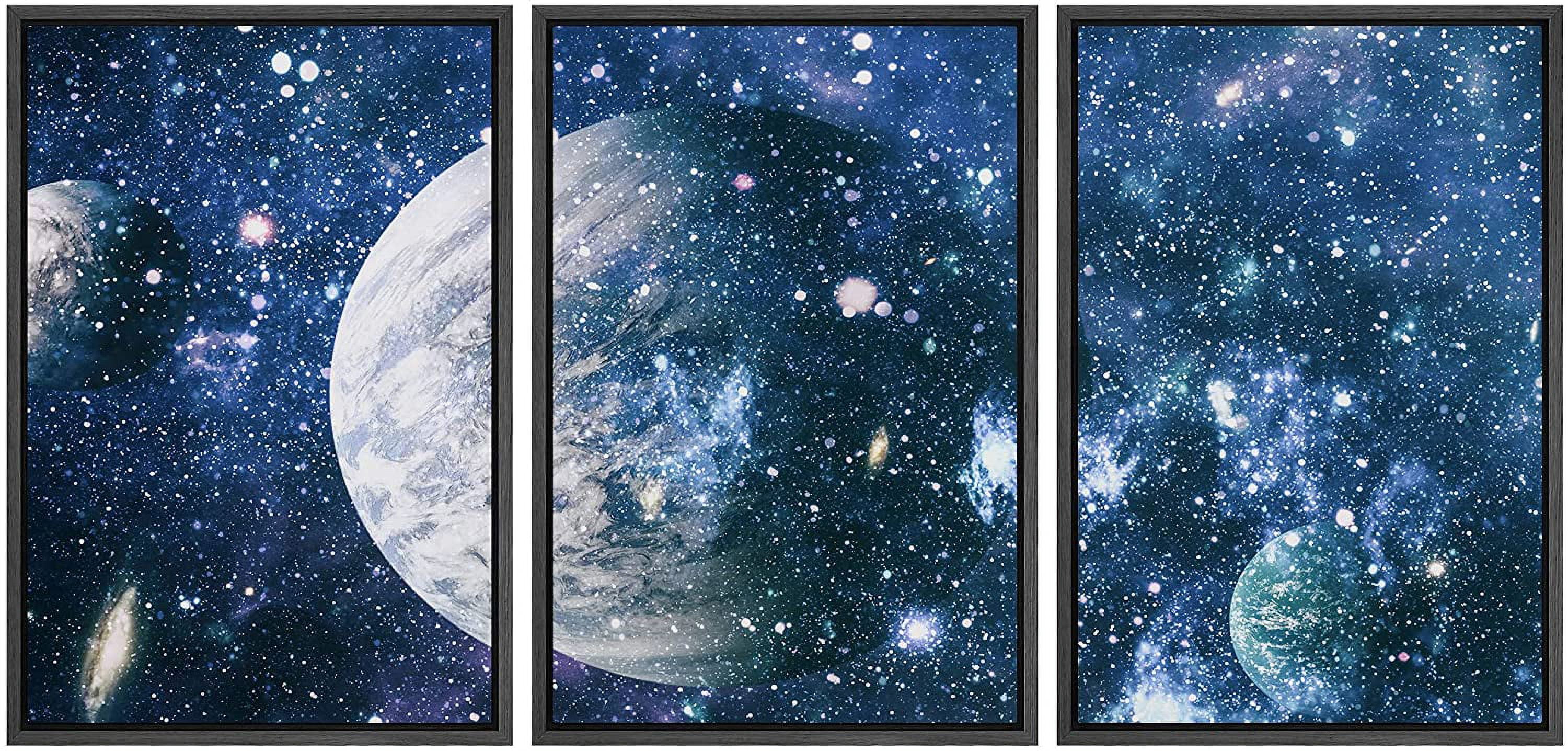 IDEA4WALL Framed Wall Art Canvas Print Set Blue Planet Starlight Galaxy ...