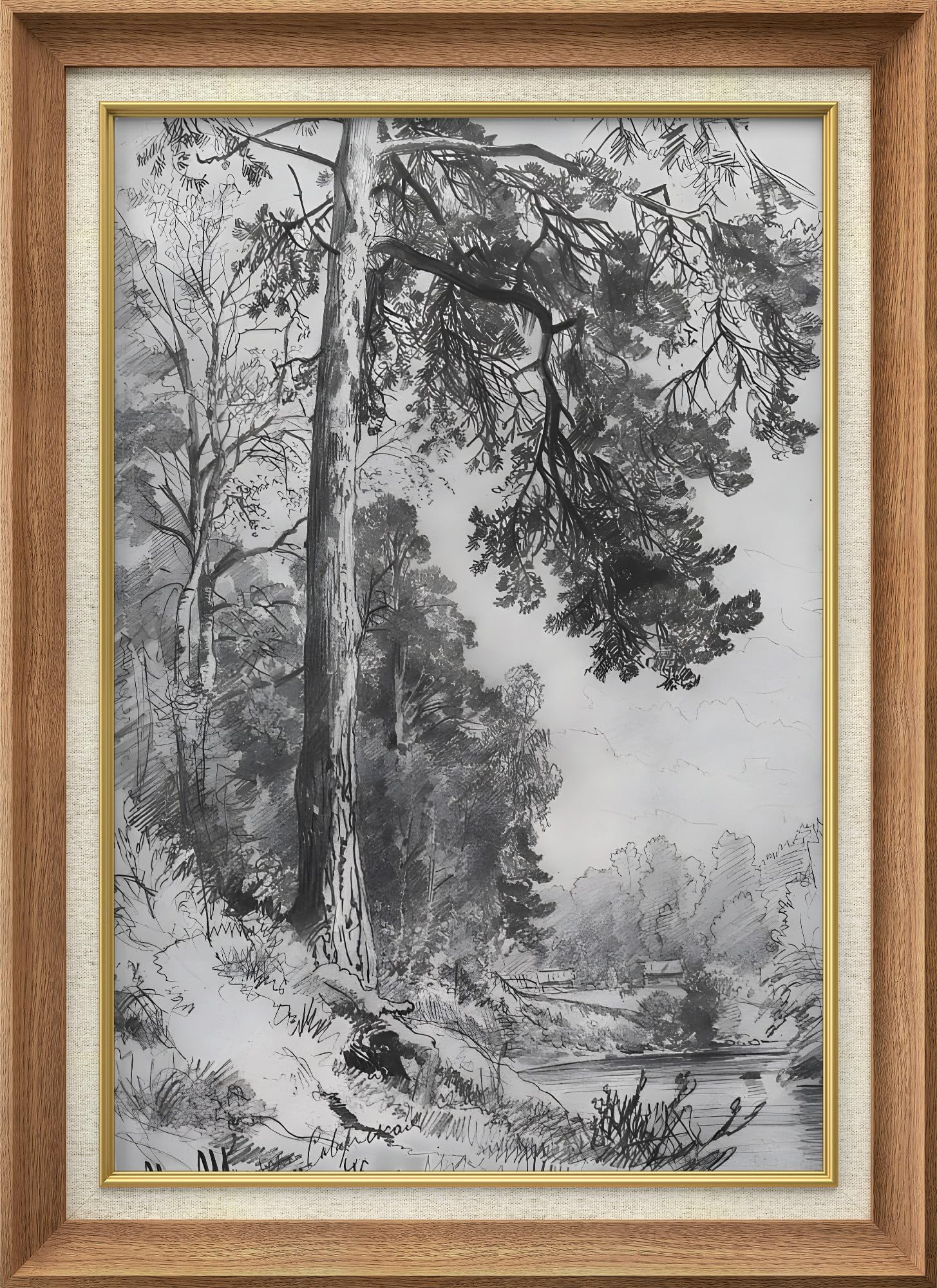 IDEA4WALL Premium Frame Wall Art Ink Drawing Solitary Pine Print ...