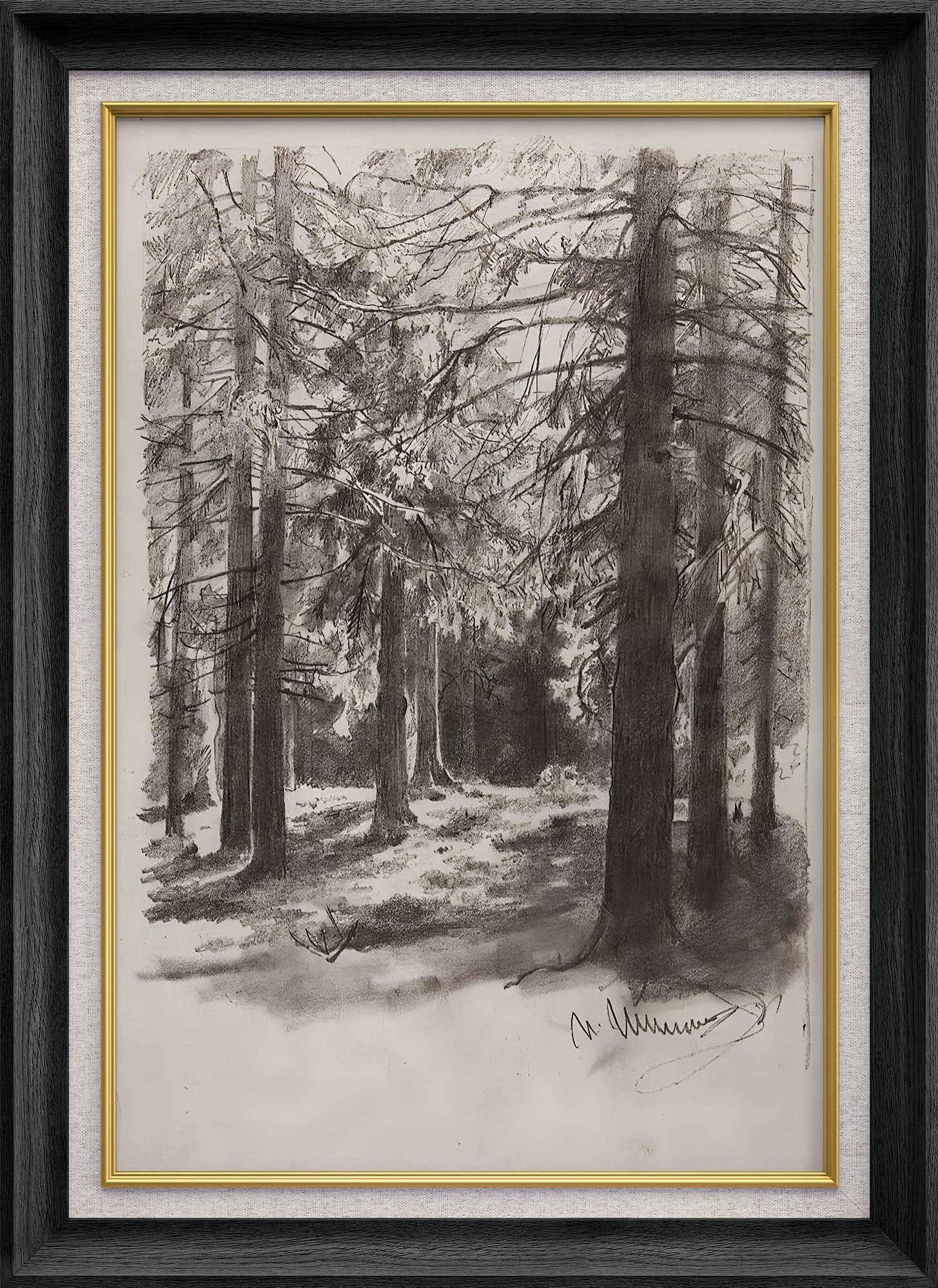 IDEA4WALL Premium Frame Wall Art Timeless Forest Sketch Winter Pines in ...