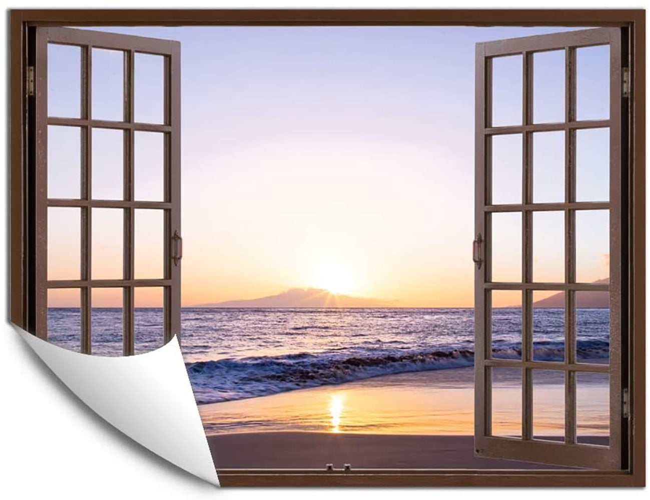 IDEA4WALL Sunset by the Beach in Fake Brown Window Peel and Stick ...