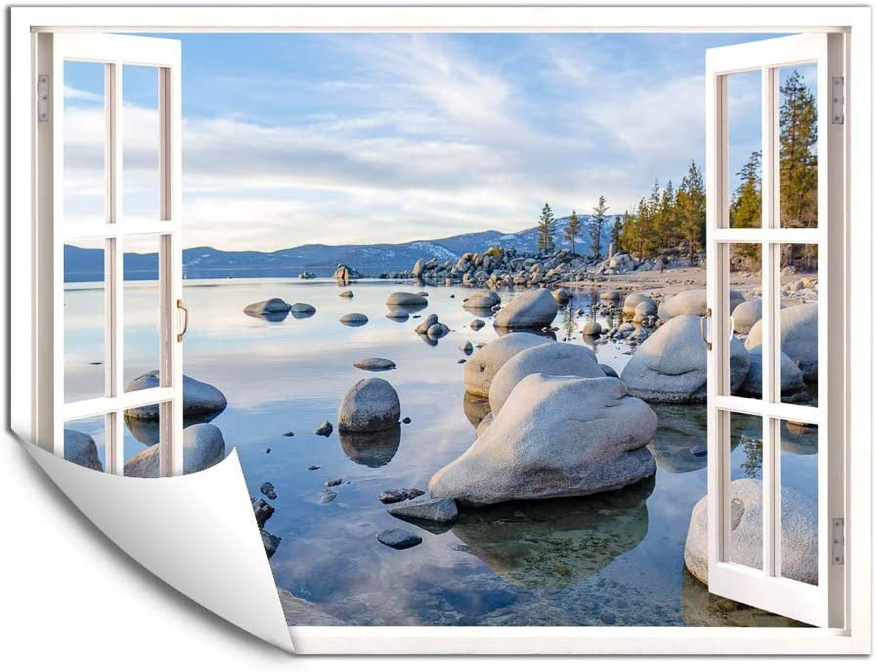 IDEA4WALL Wall Murals Fake White Window with Stones Stand in the Lake ...