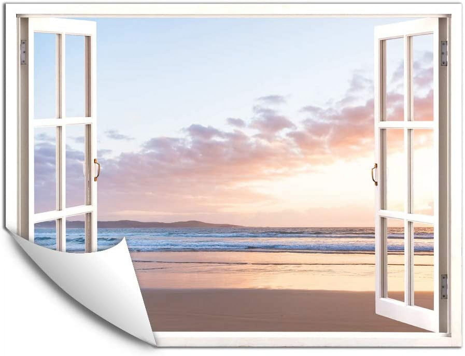IDEA4WALL Wall Murals Fake White Window with Sunset and Shore Removable ...