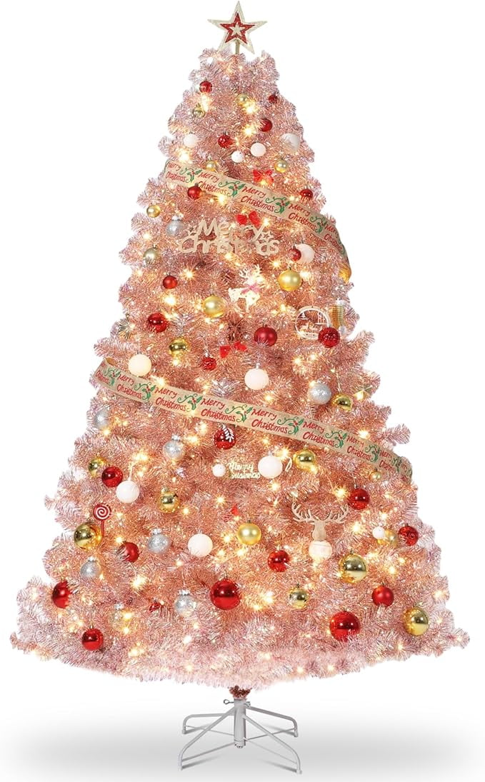 IDEALHOUSE 4.5FT Rose Gold Tinsel Prelit Christmas Tree, Full ...