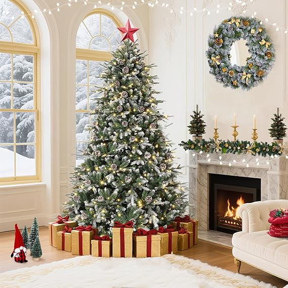 IDEALHOUSE 6FT Green Flocked Pencil Christmas Tree with Pine Cones, Pre ...