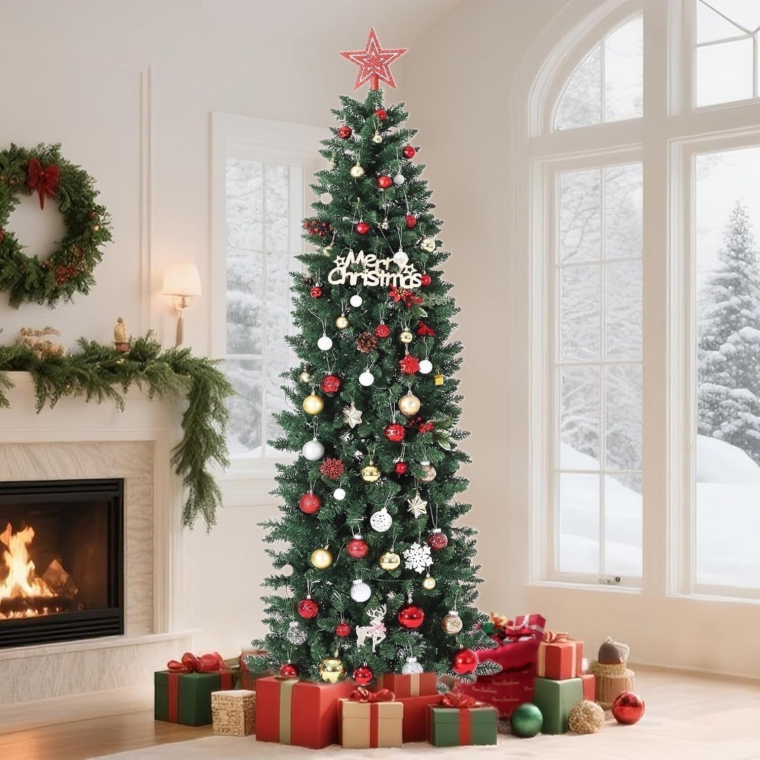 IDEALHOUSE 9FT Green Pencil Christmas Tree, Slim Artificial Tree for ...