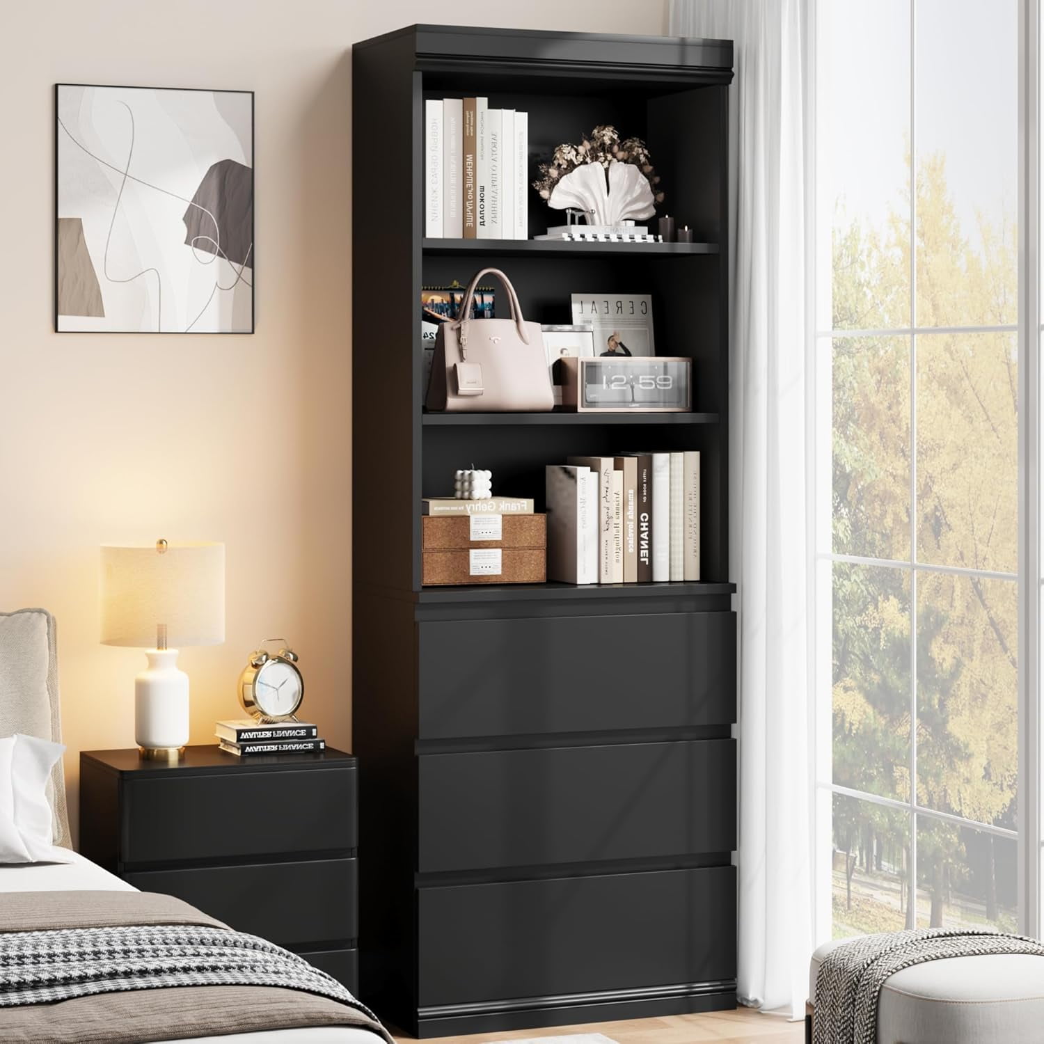 IDEALHOUSE, Black, 3 Shelf Bookcase, Storage Cabinet, 3 Drawers, Open ...