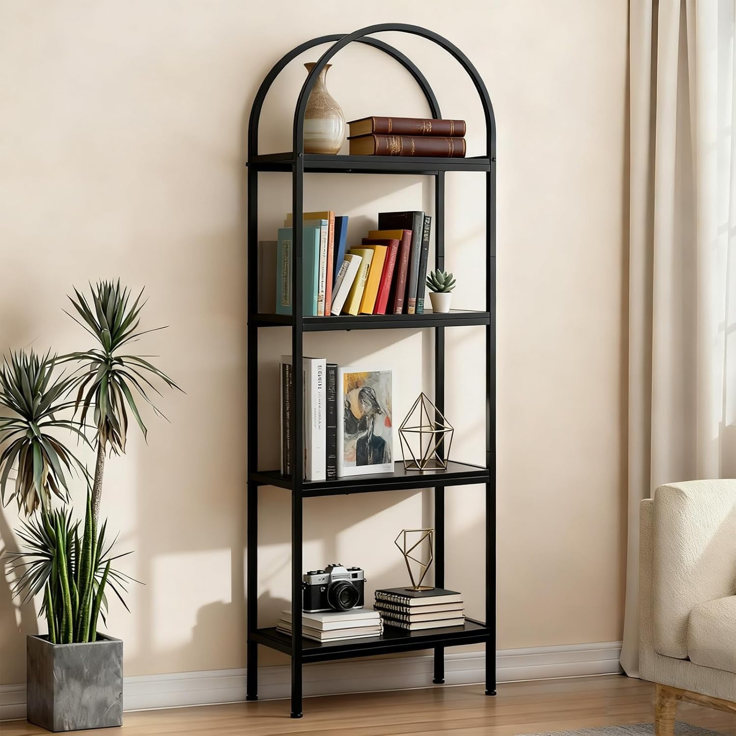 IDEALHOUSE, Black + Black, 4 Shelf Bookcase, Modern Industrial Arched ...