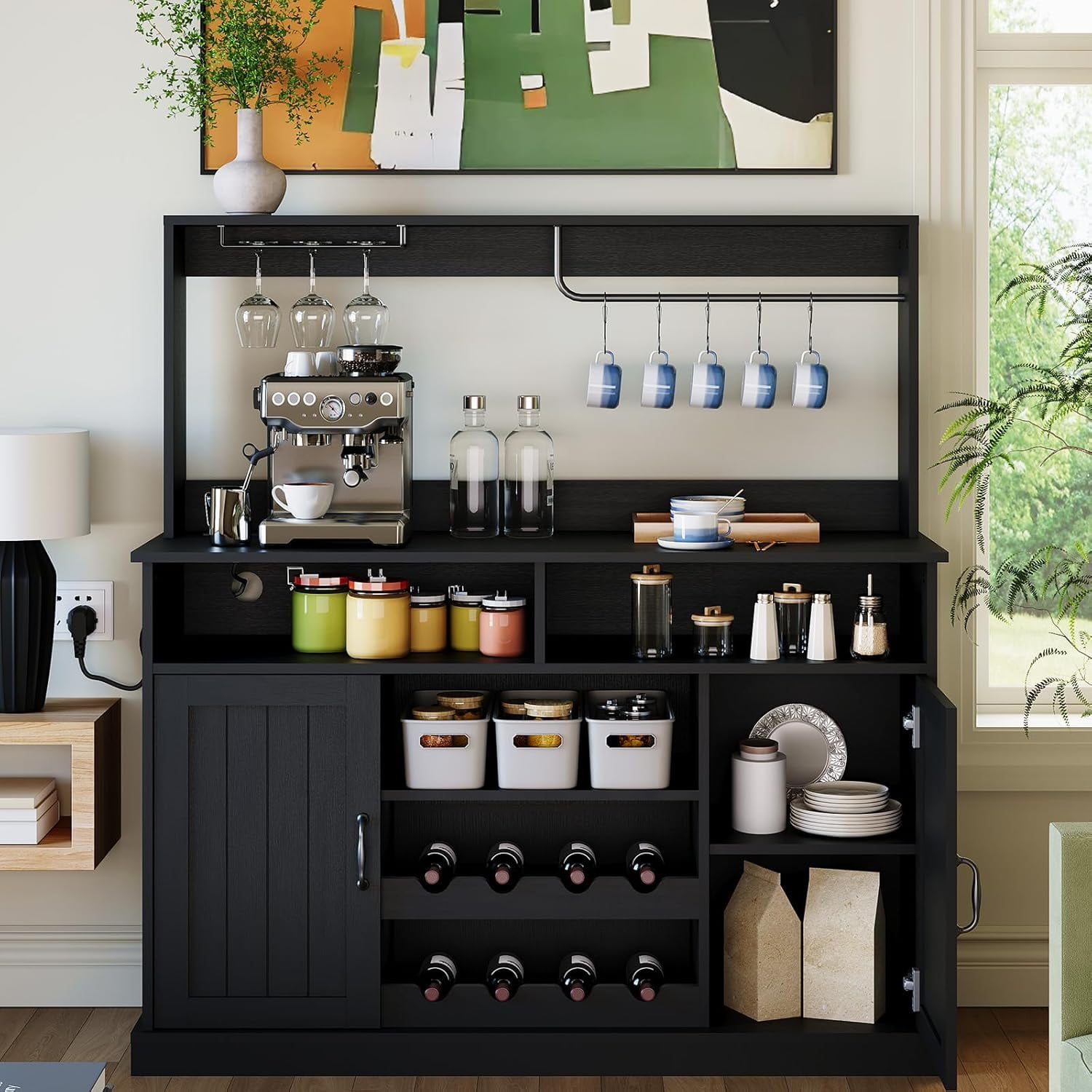 IDEALHOUSE Black Credenzas, 47 Inch Farmhouse Coffee Bar Cabinet with ...