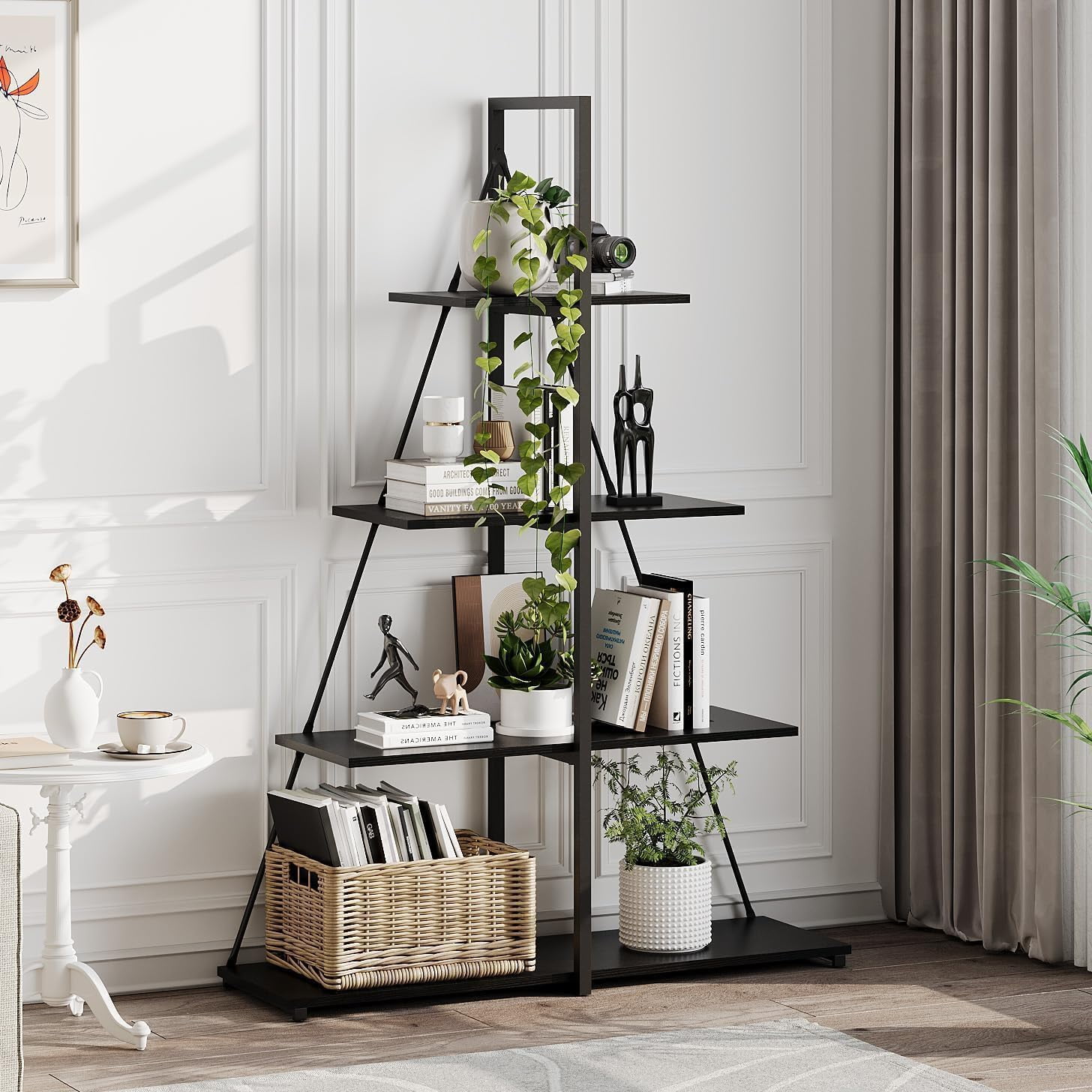 IDEALHOUSE Bookcases 4 Tier, Black Iron & Black Wood, Sailboat Design ...