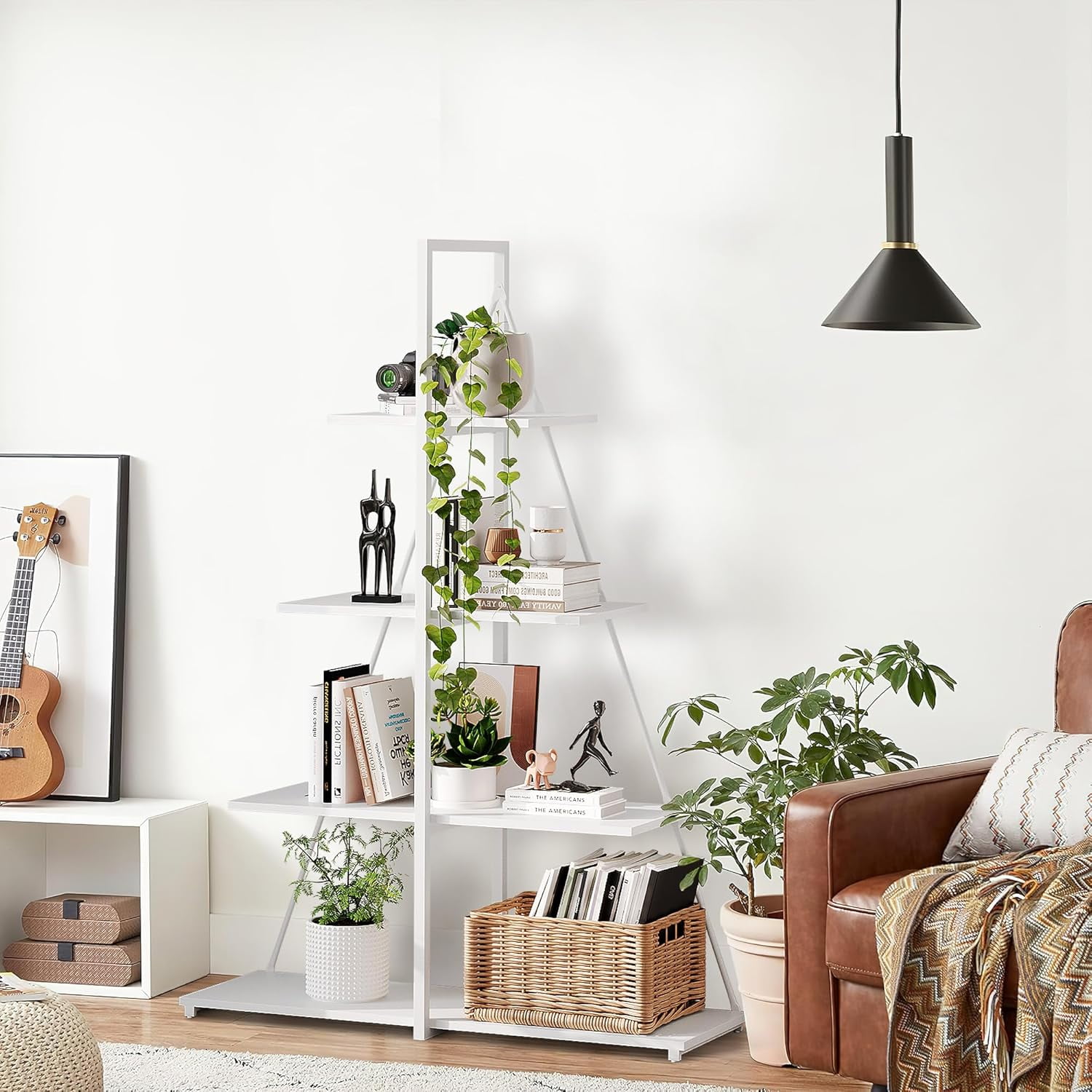 IDEALHOUSE Bookcases 4 Tier, White Iron & White Wood, Sailboat Design Ladder Shelf, Modern ...