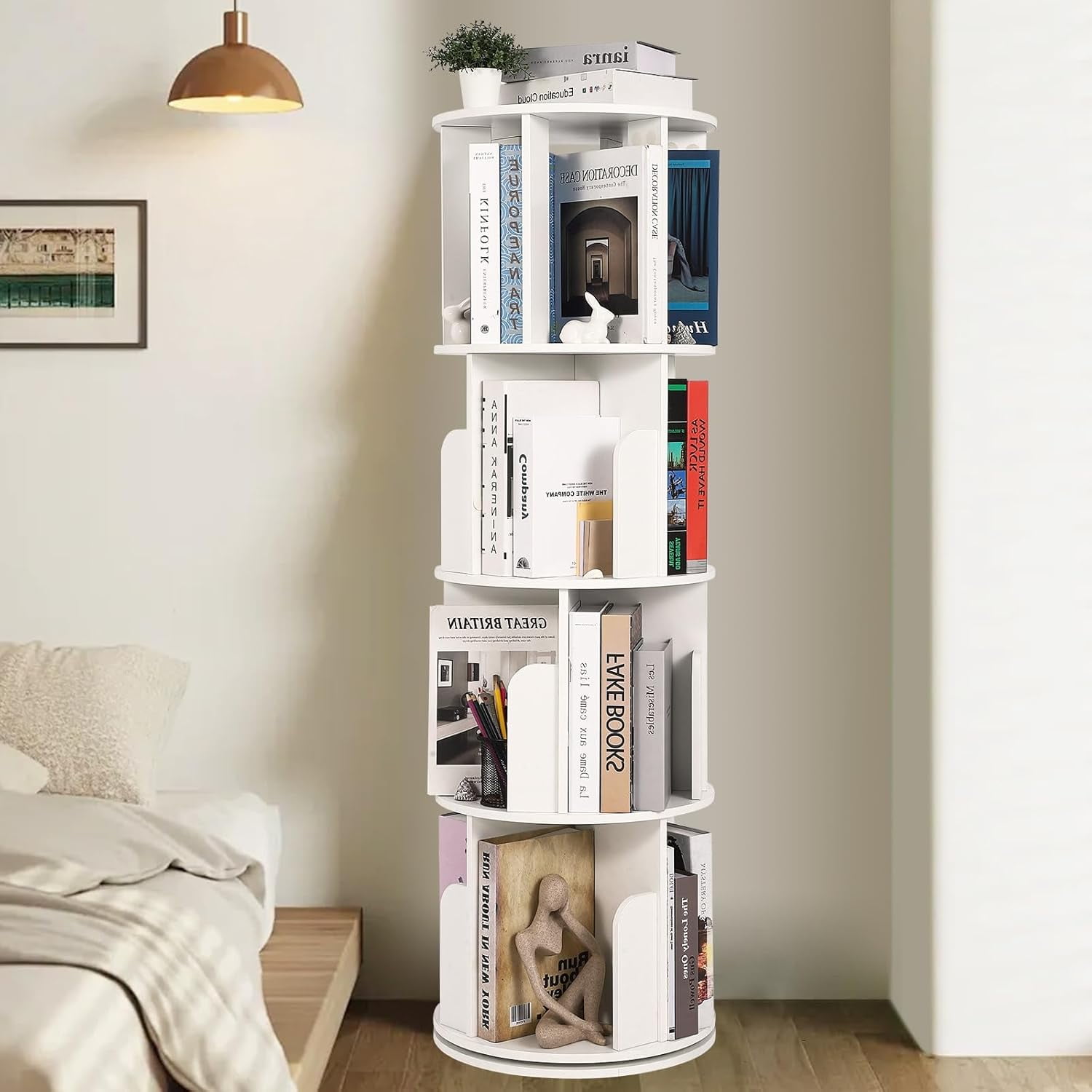 IDEALHOUSE Bookcases 4 Tier, White, Rotating Bookshelf, Round 360 ...