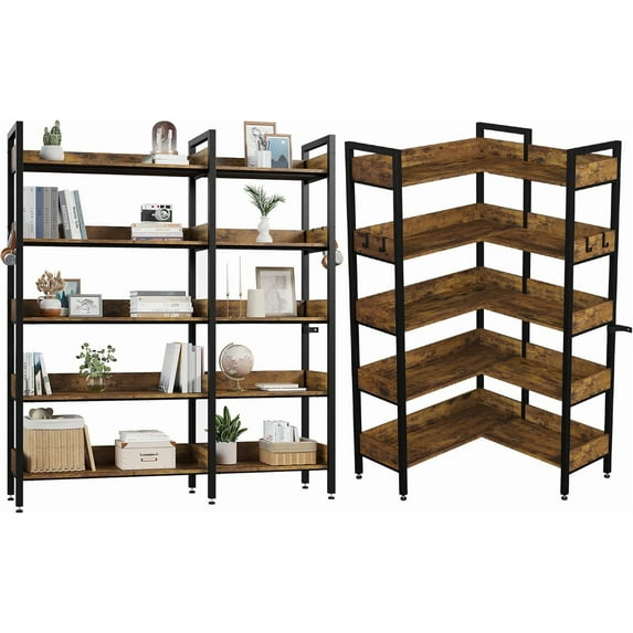 IDEALHOUSE Bookcases 5 Tier, Burnt Cloud, Convertible Corner Book Shelf ...