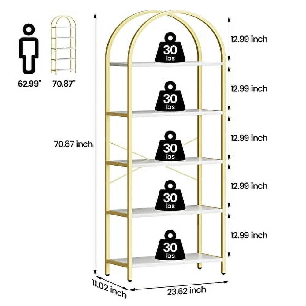 IDEALHOUSE Bookshelf 5 Tier Bookcase Arched Display Racks Tall Standing ...
