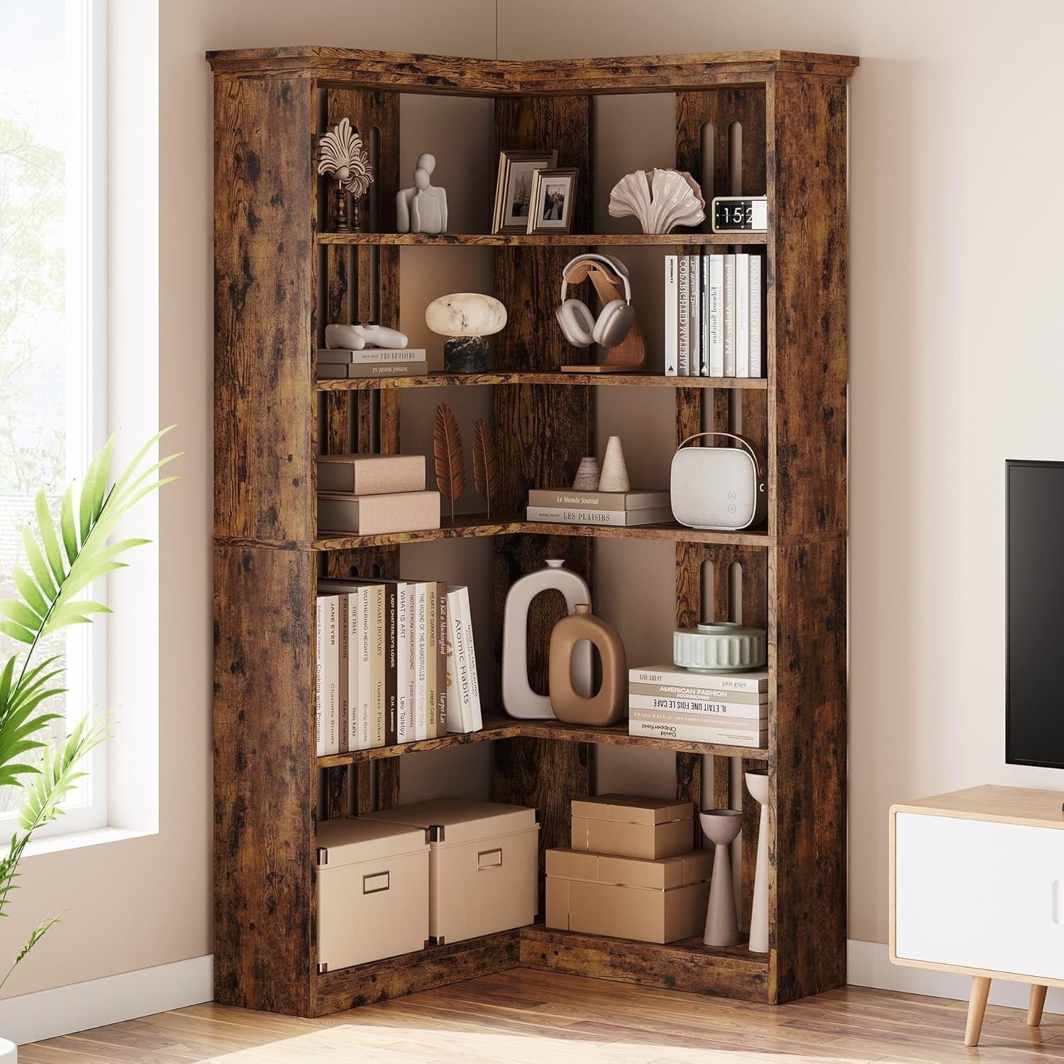 IDEALHOUSE Corner Bookshelf 72.8in Farmhouse Bookcase Large Bookshelf ...