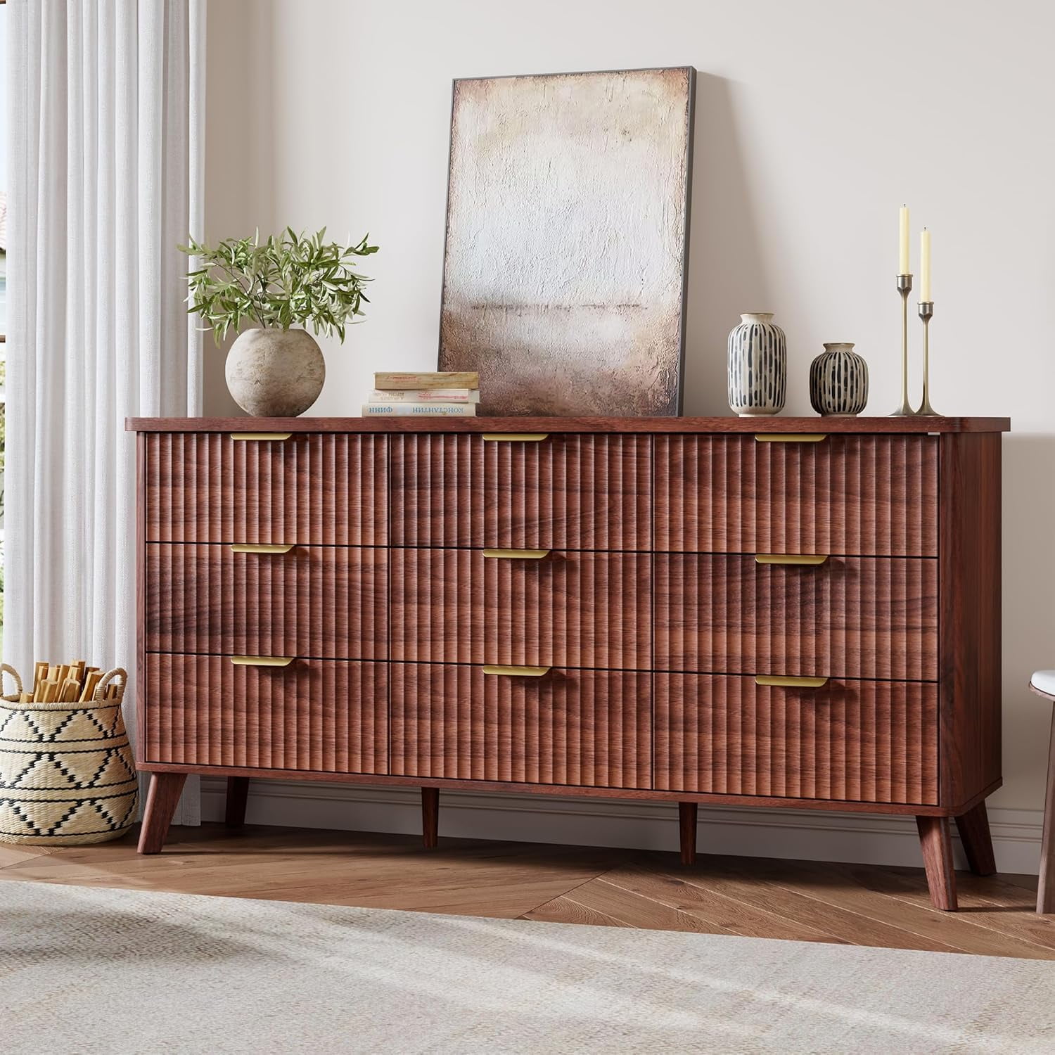 IDEALHOUSE Deep Walnut Storage Lockers Dresser, Modern 9 Drawers Chest ...