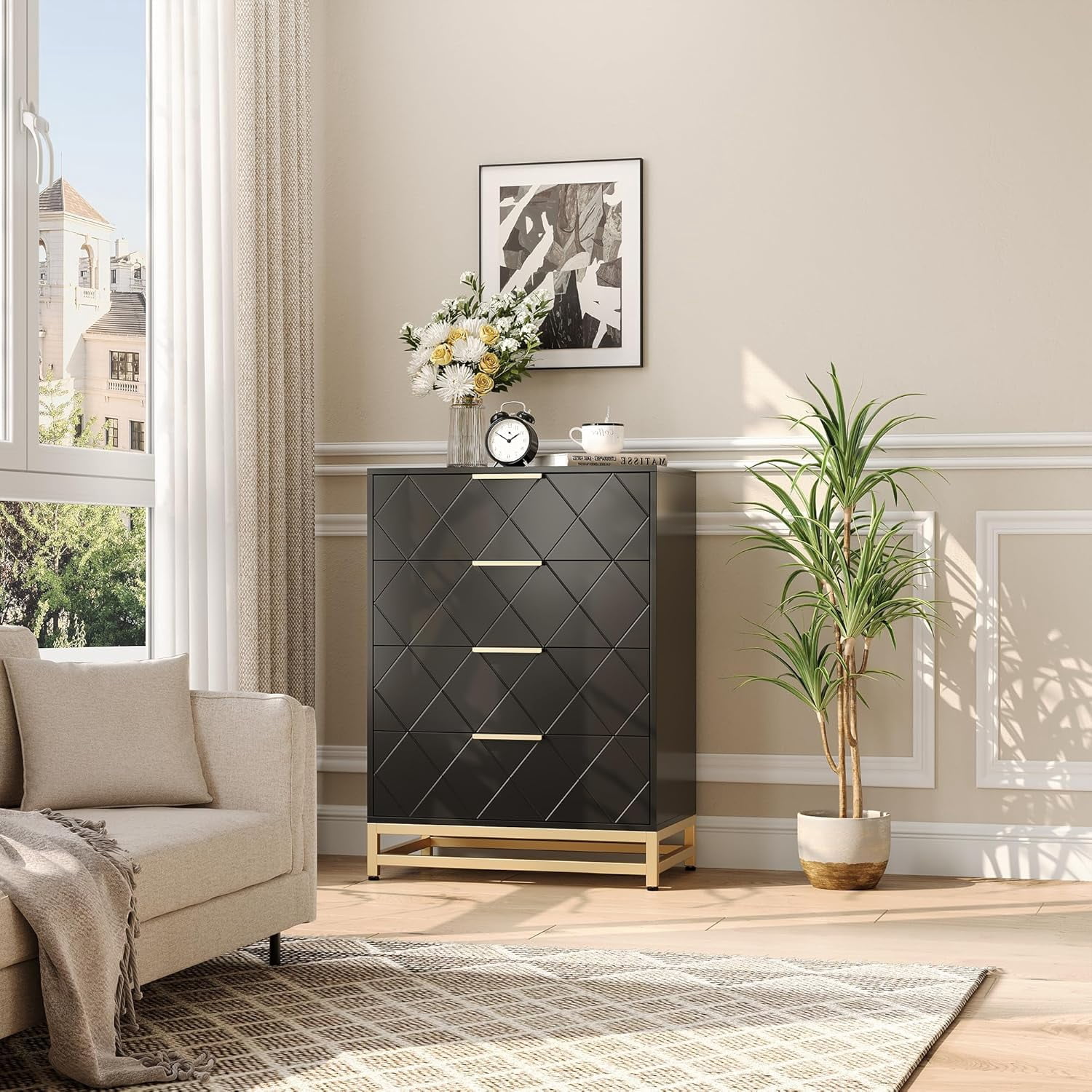 IDEALHOUSE Dressers 4 Drawer Chest, Modern Wide Dresser with Gold Metal ...