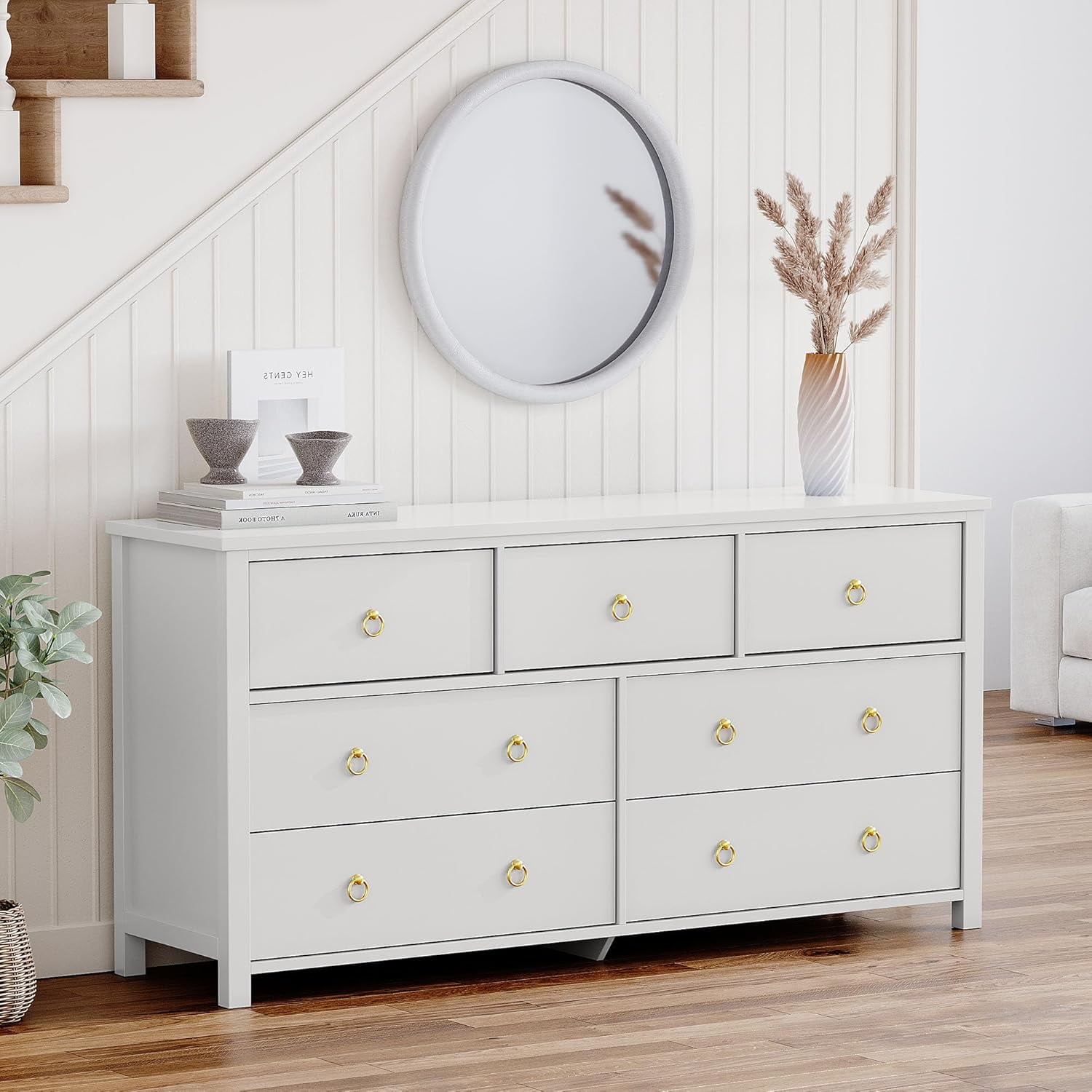 IDEALHOUSE Dressers 7 Drawer White Storage Cabinet, 54 inch Wide Wooden ...