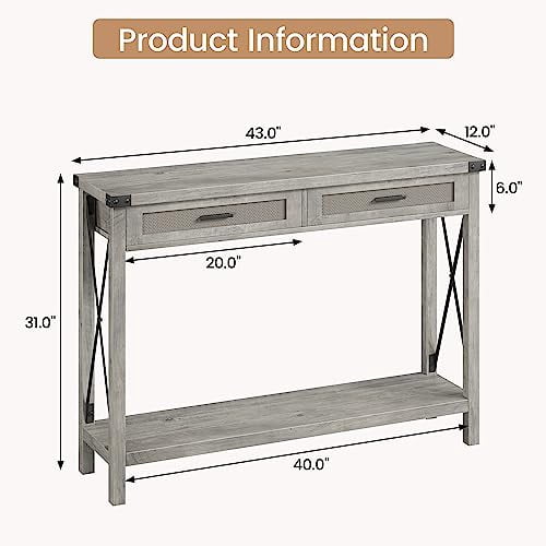 IDEALHOUSE Farmhouse Entryway Table, Grey Console Table with Rattan ...