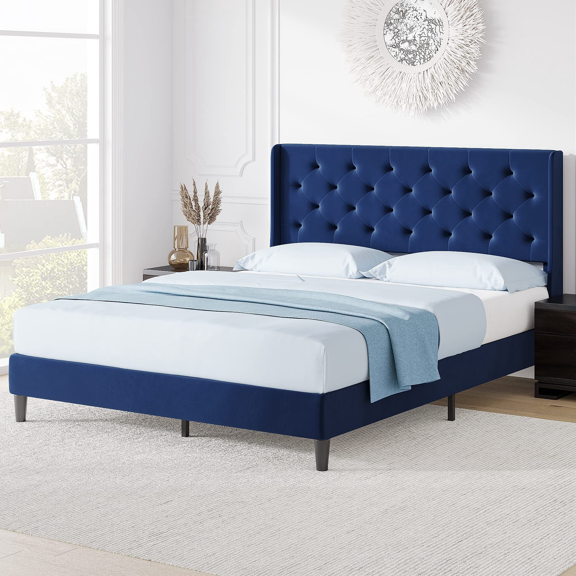IDEALHOUSE Full Bed Frame with Button Tufted Headboard, Fabric ...