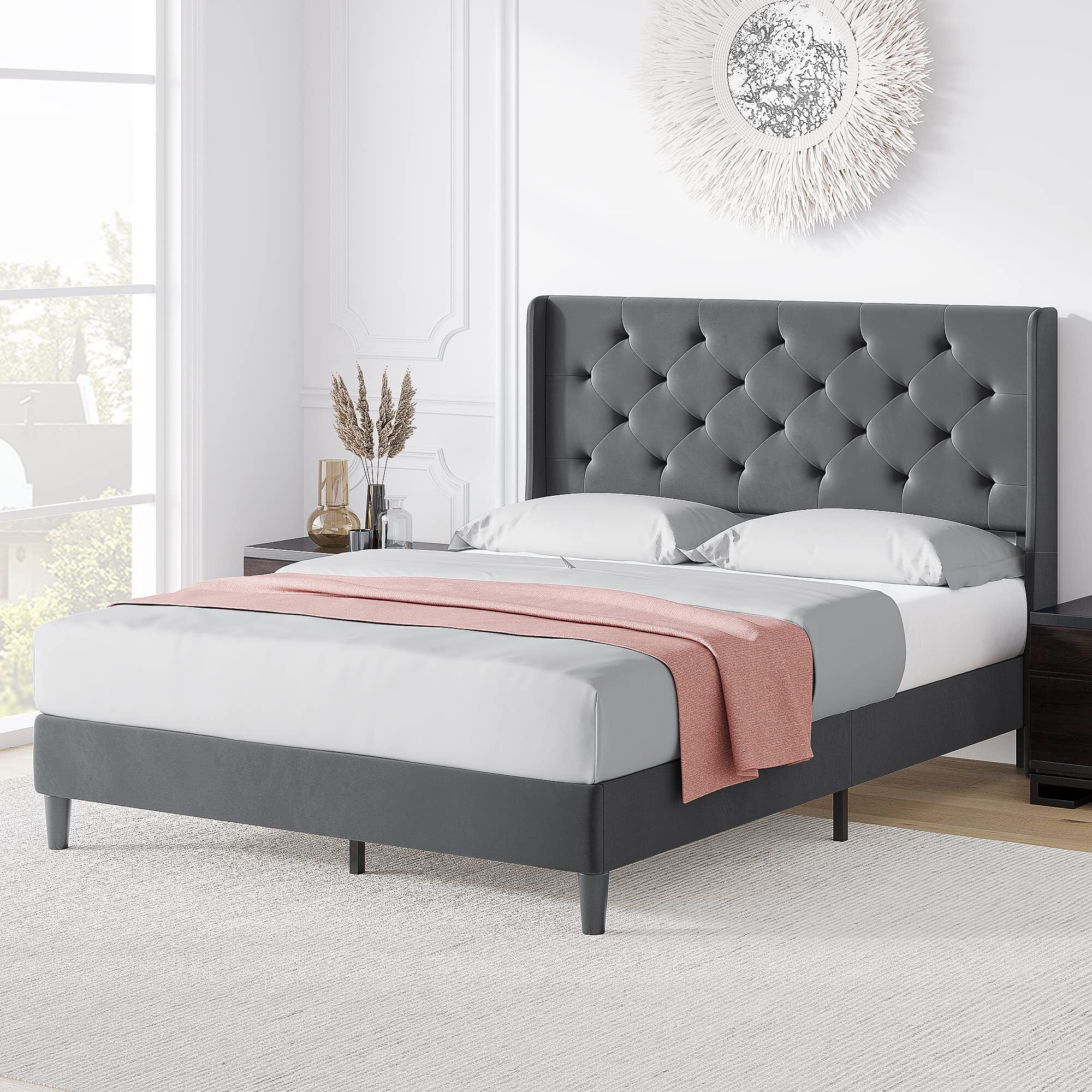 IDEALHOUSE Full Bed Frame with Button Tufted Headboard, Fabric ...