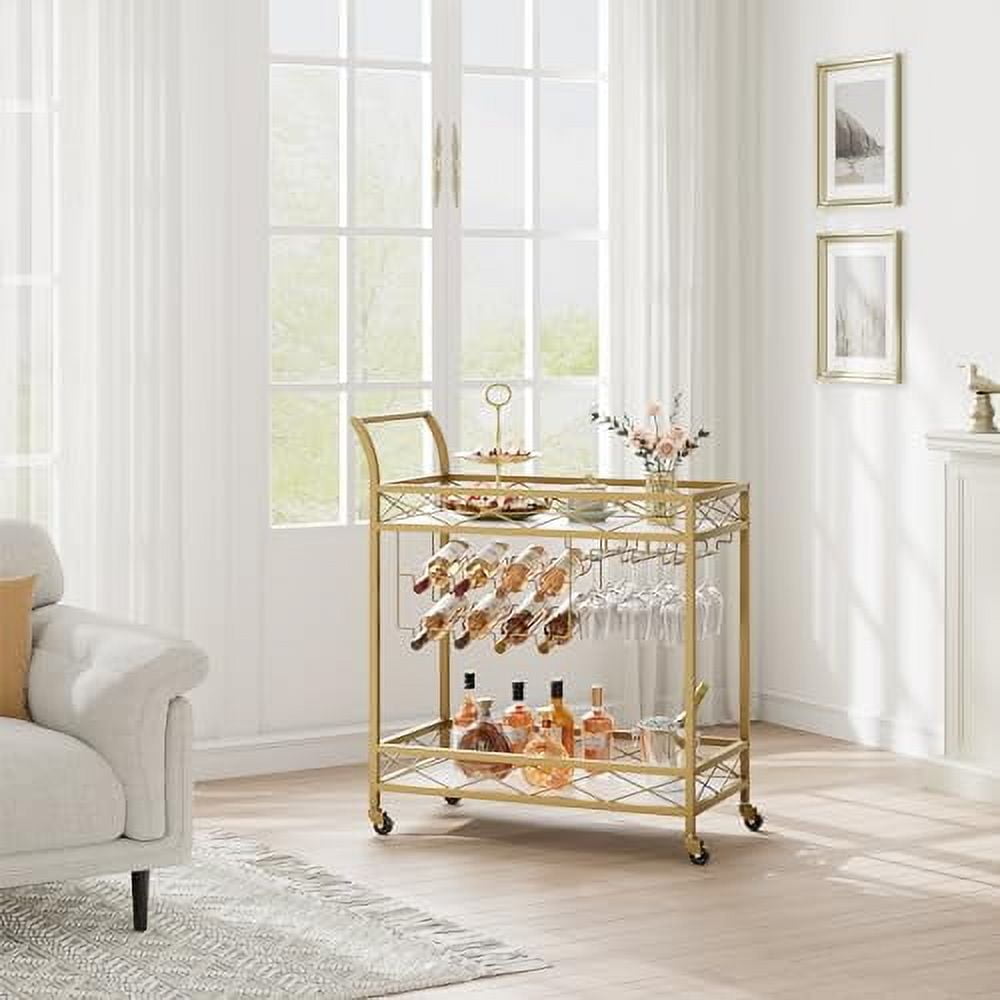 IDEALHOUSE Gold Bar Cart, 2 Tier Bar Carts for The Home, Bar Carts with 4 Wheels, White Marble ...