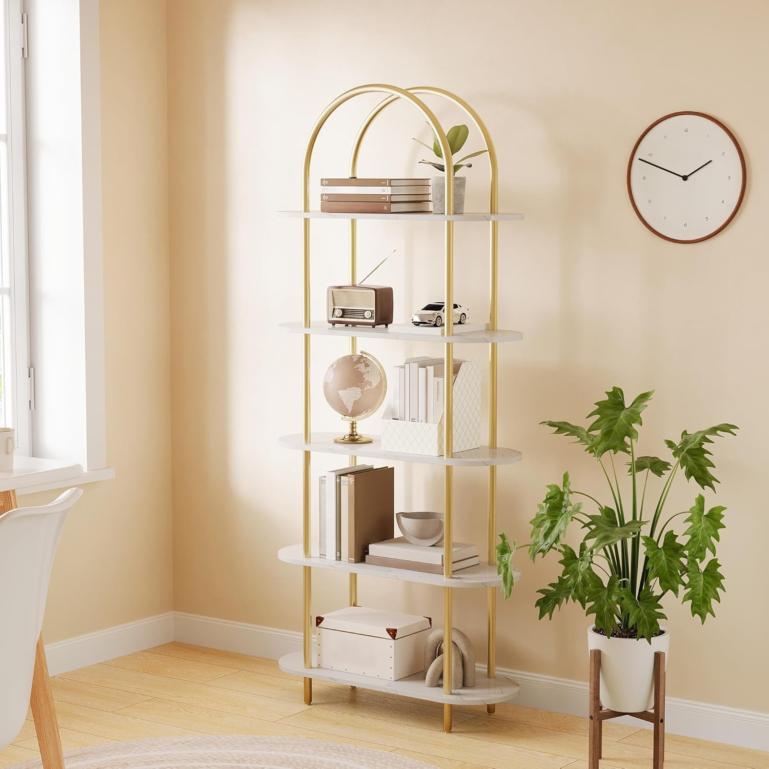 IDEALHOUSE, Gold + Marble White, 5 Shelf Bookcase, Arched Organizer ...
