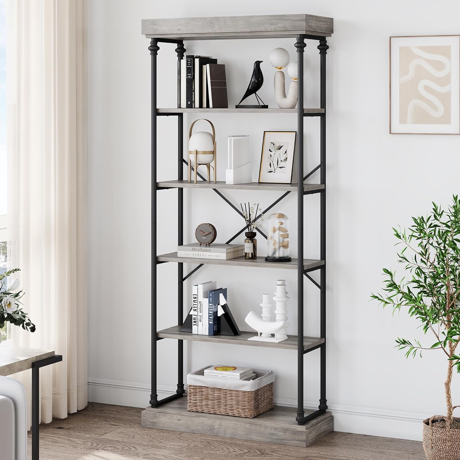 IDEALHOUSE Industrial Bookshelf Wood Bookcase 6 Tier Storage Open Rack ...