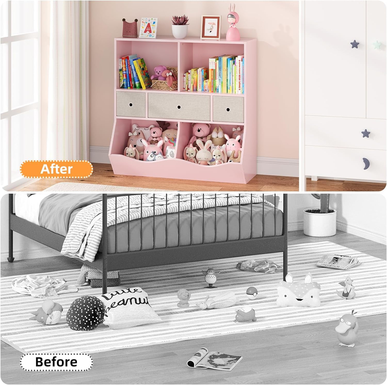 IDEALHOUSE Kids Bookshelf and Toy Storage Organizer with 3 Movable ...