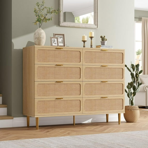 IDEALHOUSE Natural Storage Lockers, Rattan 8 Drawers Tall Dresser, Wide ...