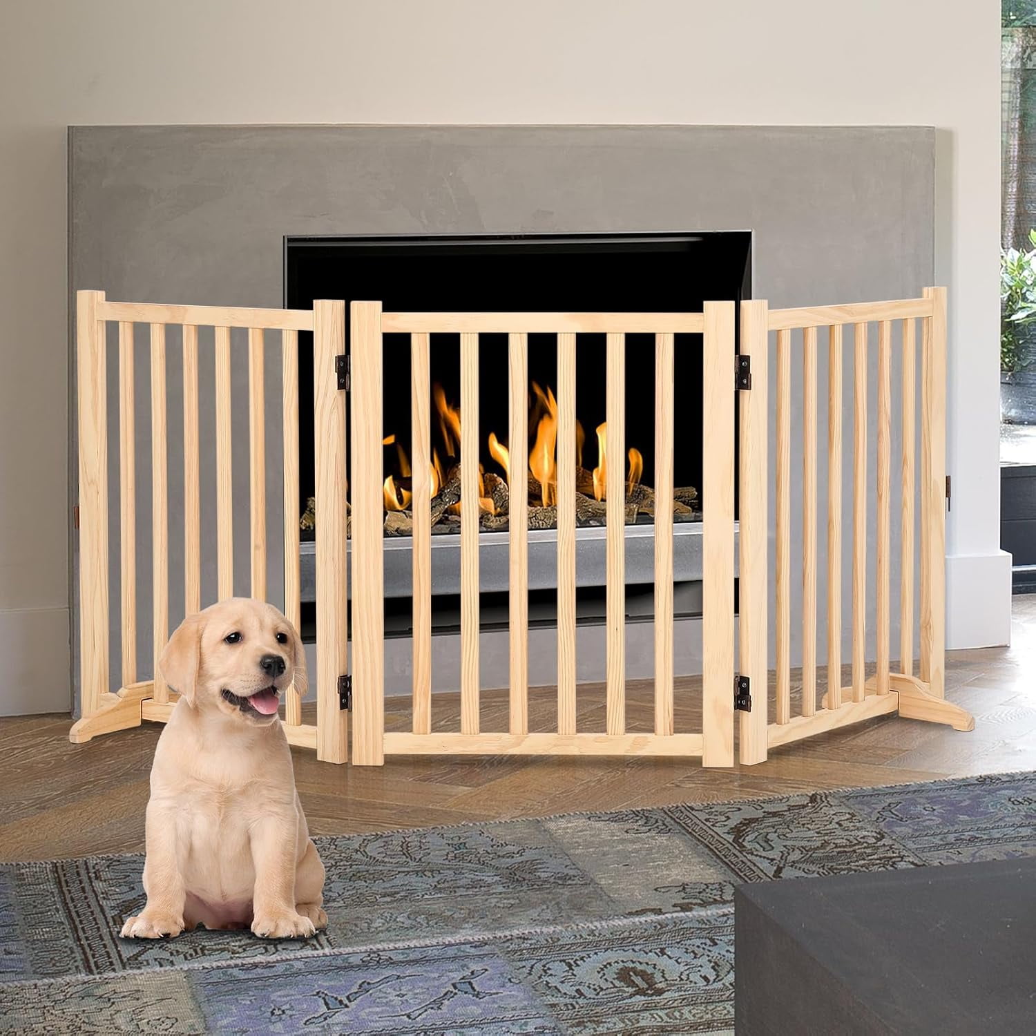 IDEALHOUSE Natural Wood Dog Gate, 24in H 3 Panel 60in W, Foldable ...